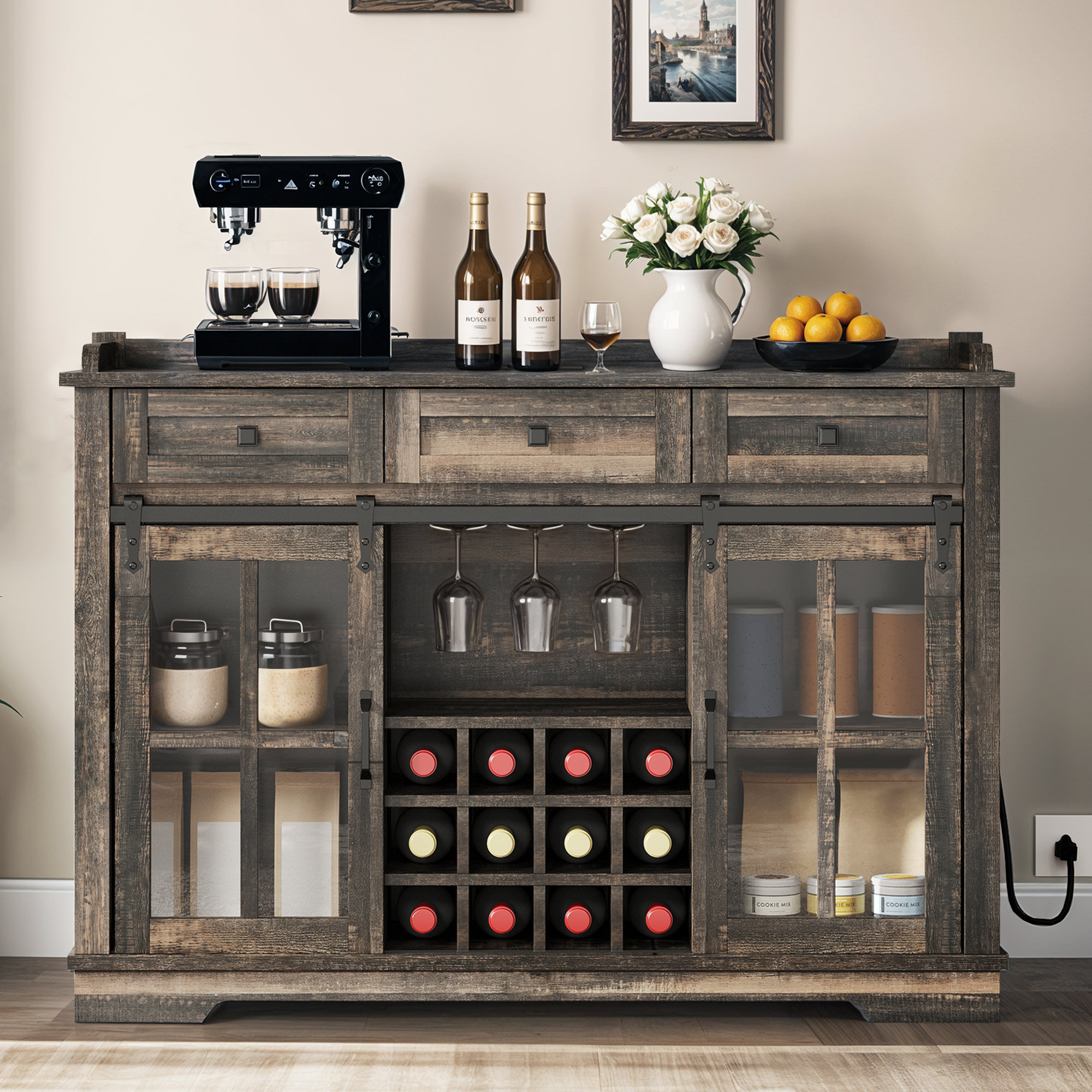Gracie Oaks Aley 53.1'' Farmhouse Style Bar Cabinet, Wine Storage ...