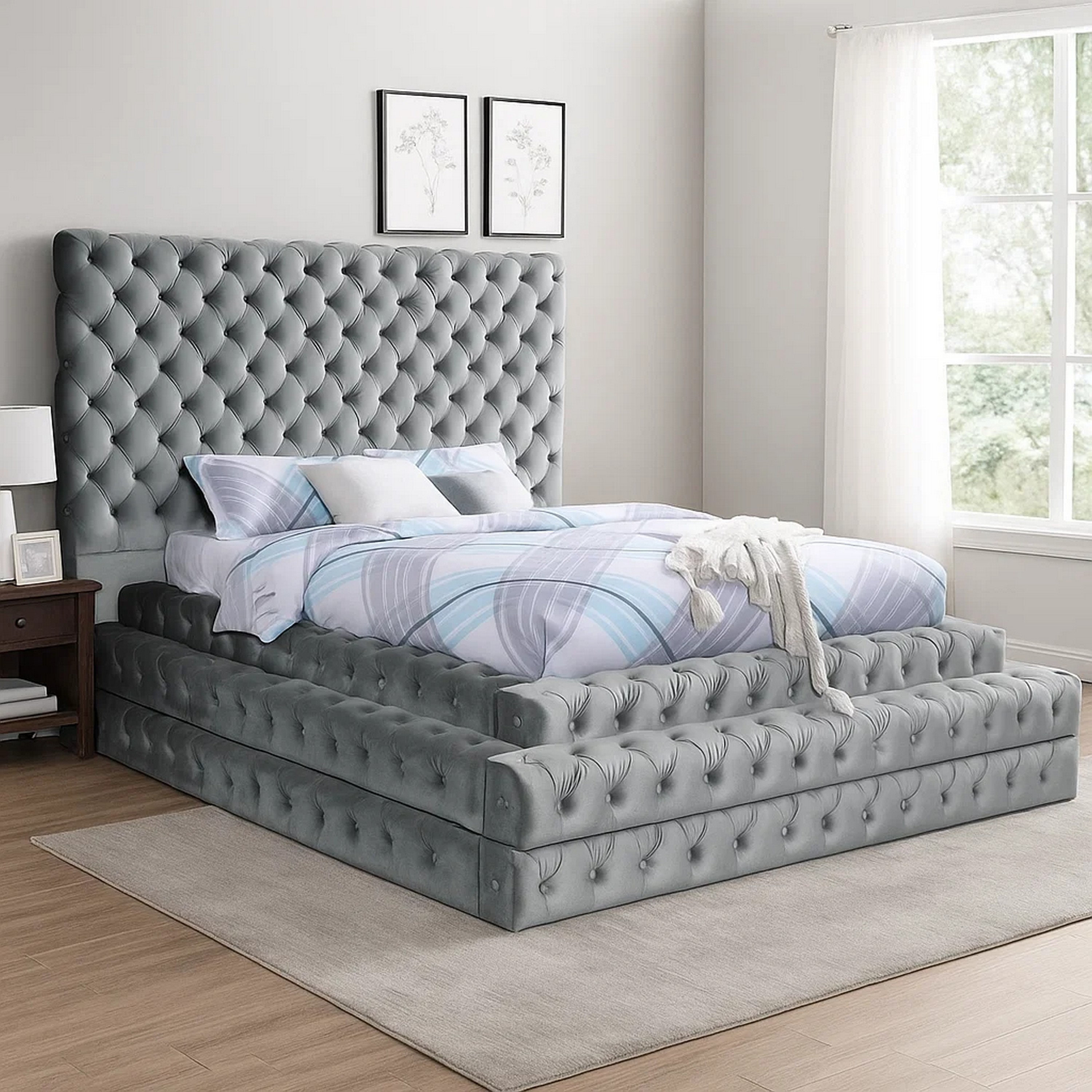 Benjara Steph Queen Bed, Button Tufted Flannelette Upholstery, XL ...