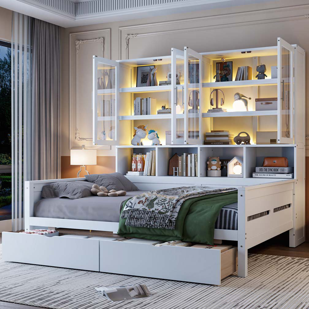 Latitude Run® Wooden Storage Daybed Built-in LED Lighting and Shelves ...