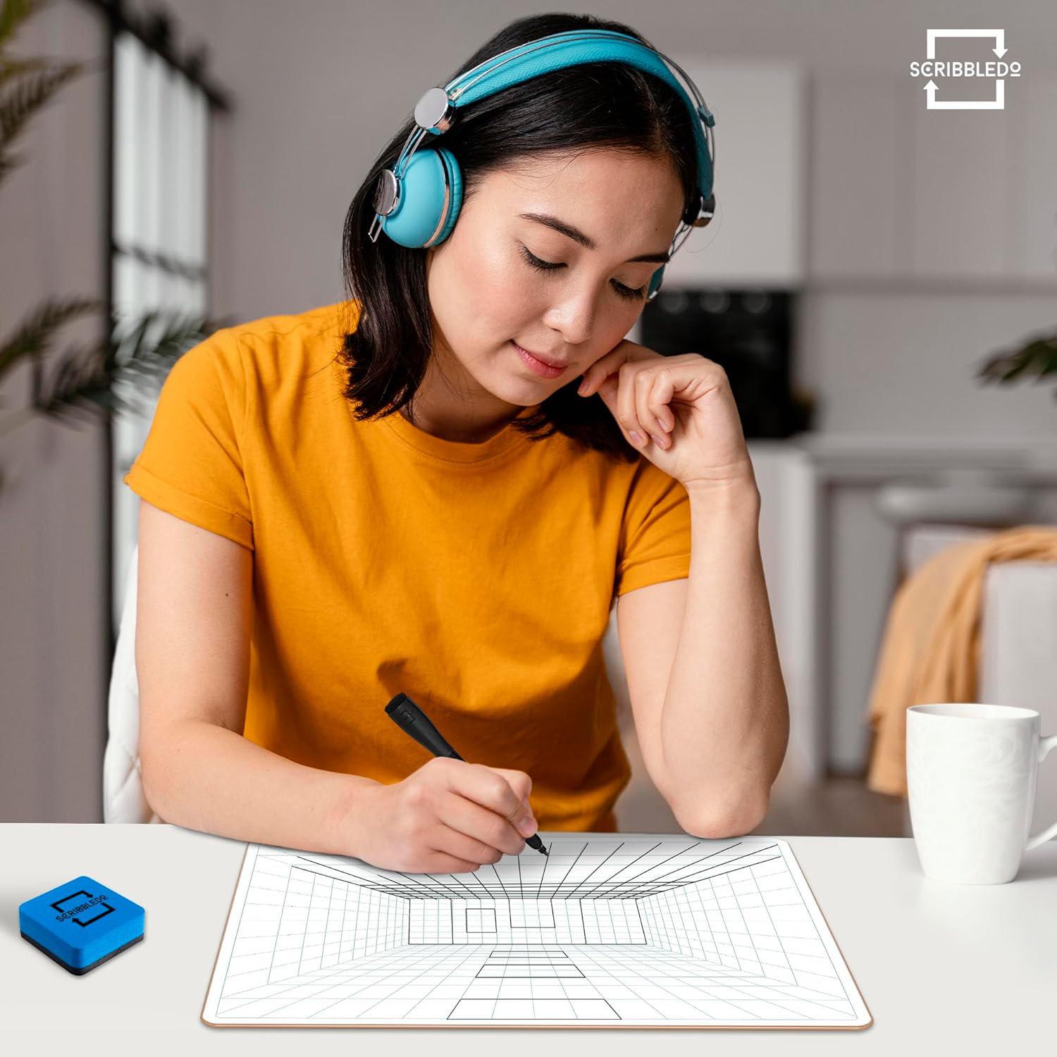 Scribbledo 1 Point Perspective Grid 11”x14” Large Graph Dry Erase Board ...