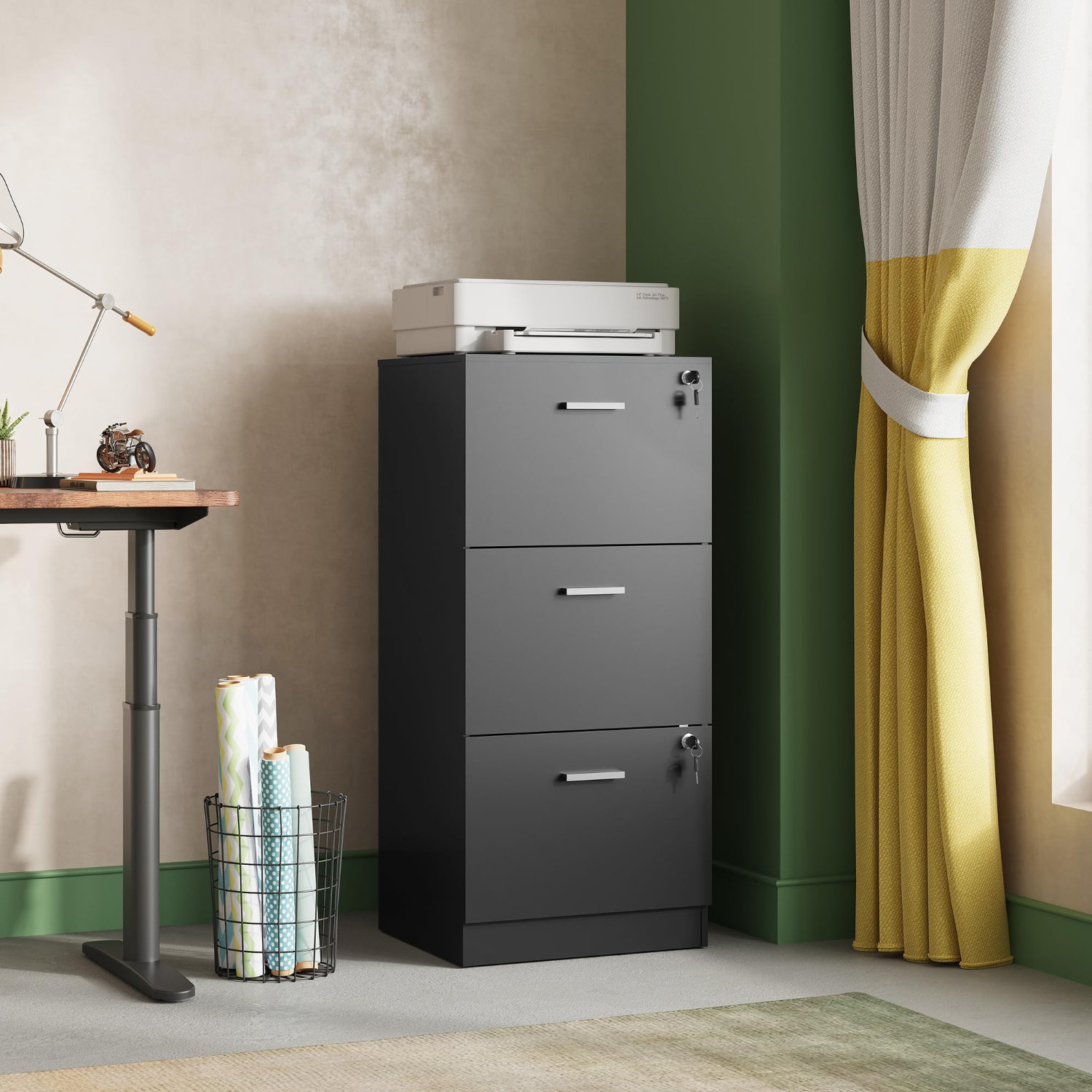 Latitude Run® 3 Drawer Wood File Cabinet with Lock, Printer Stand | Wayfair