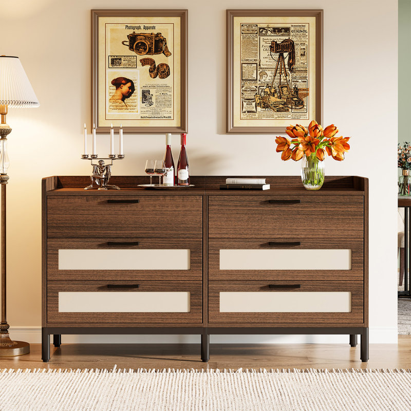 Millwood Pines 6-Drawer Dresser for Bedroom, 55" Mid-Century Rustic ...