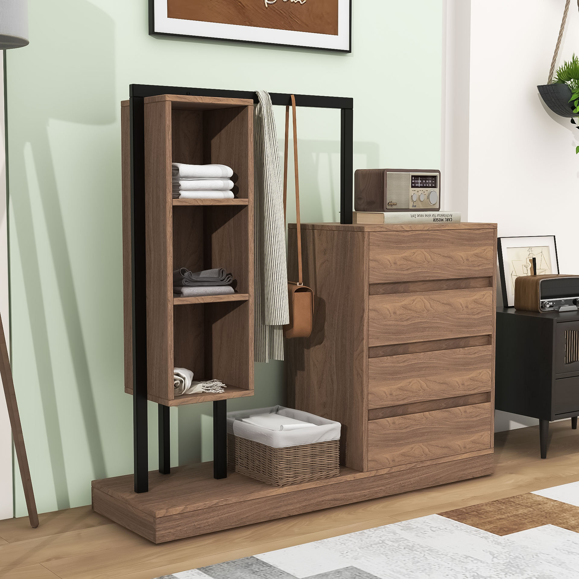 Millwood Pines Minimalist Wardrobe with Clothing Rod and 4 Drawers and ...