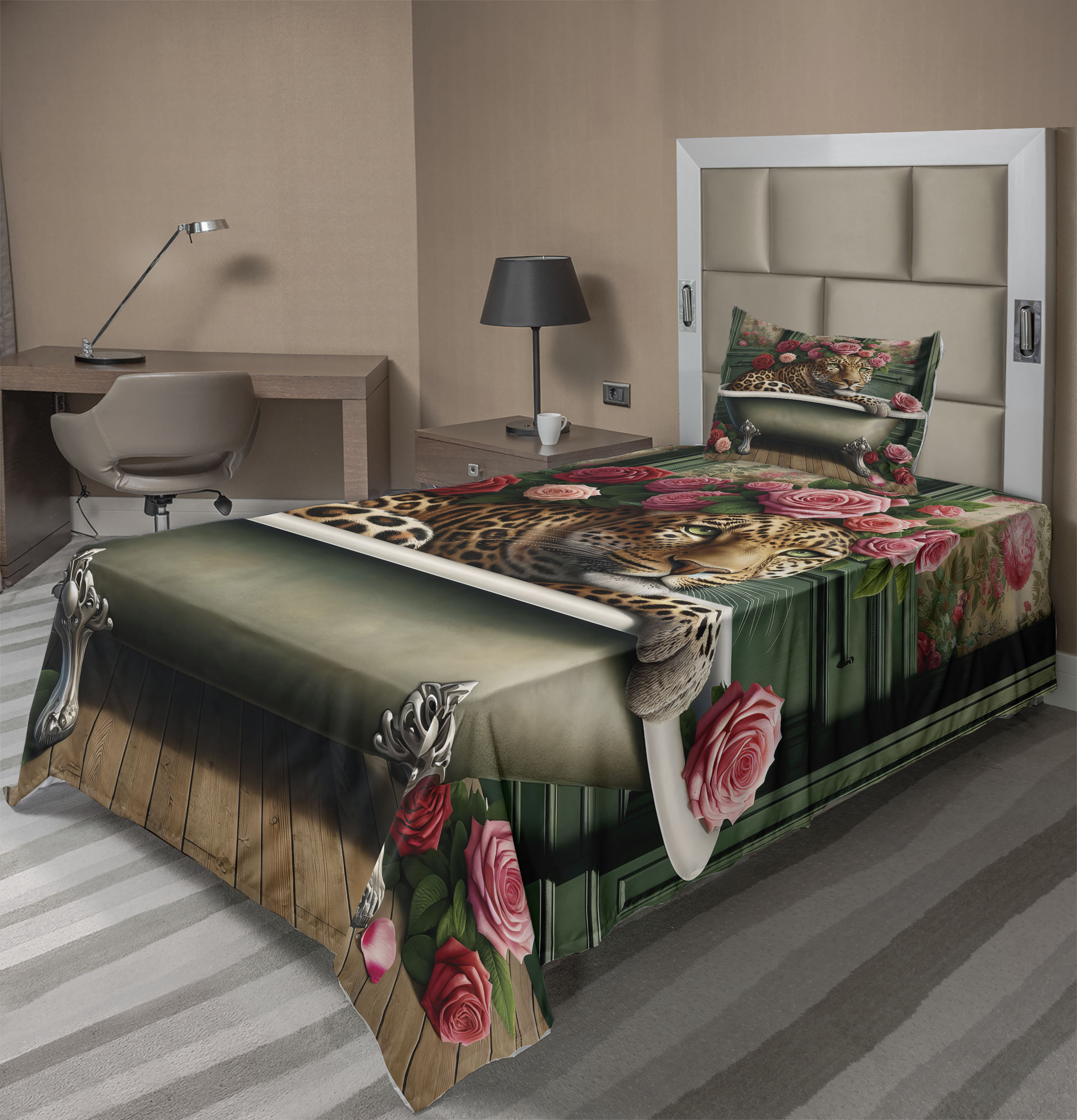 Ambesonne Leopard Sheet Set English Roses Wild Animal Reseda Green and ...