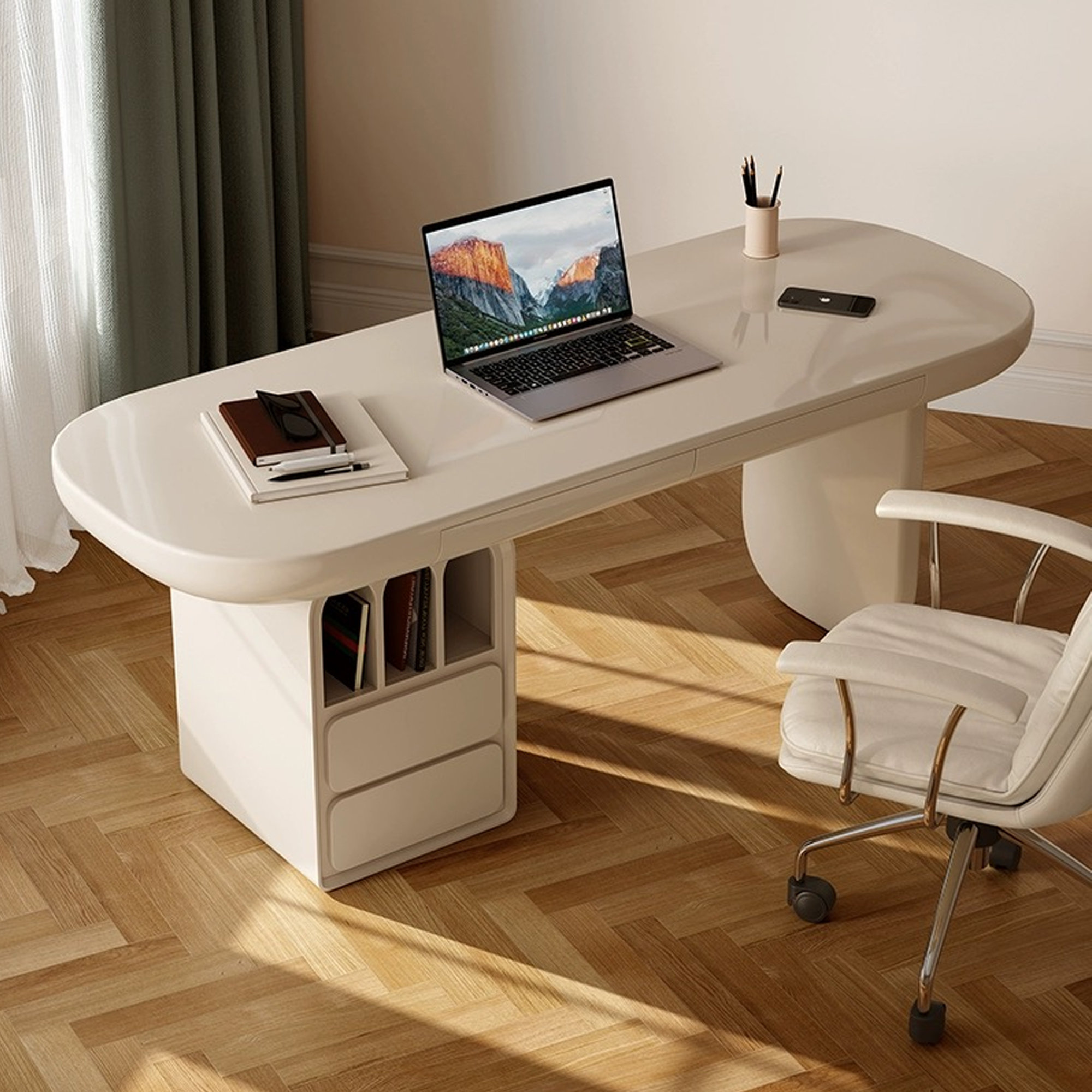 Latitude Run® Modern Cream 3 Open Compartment & 4-Drawer Computer Desk ...