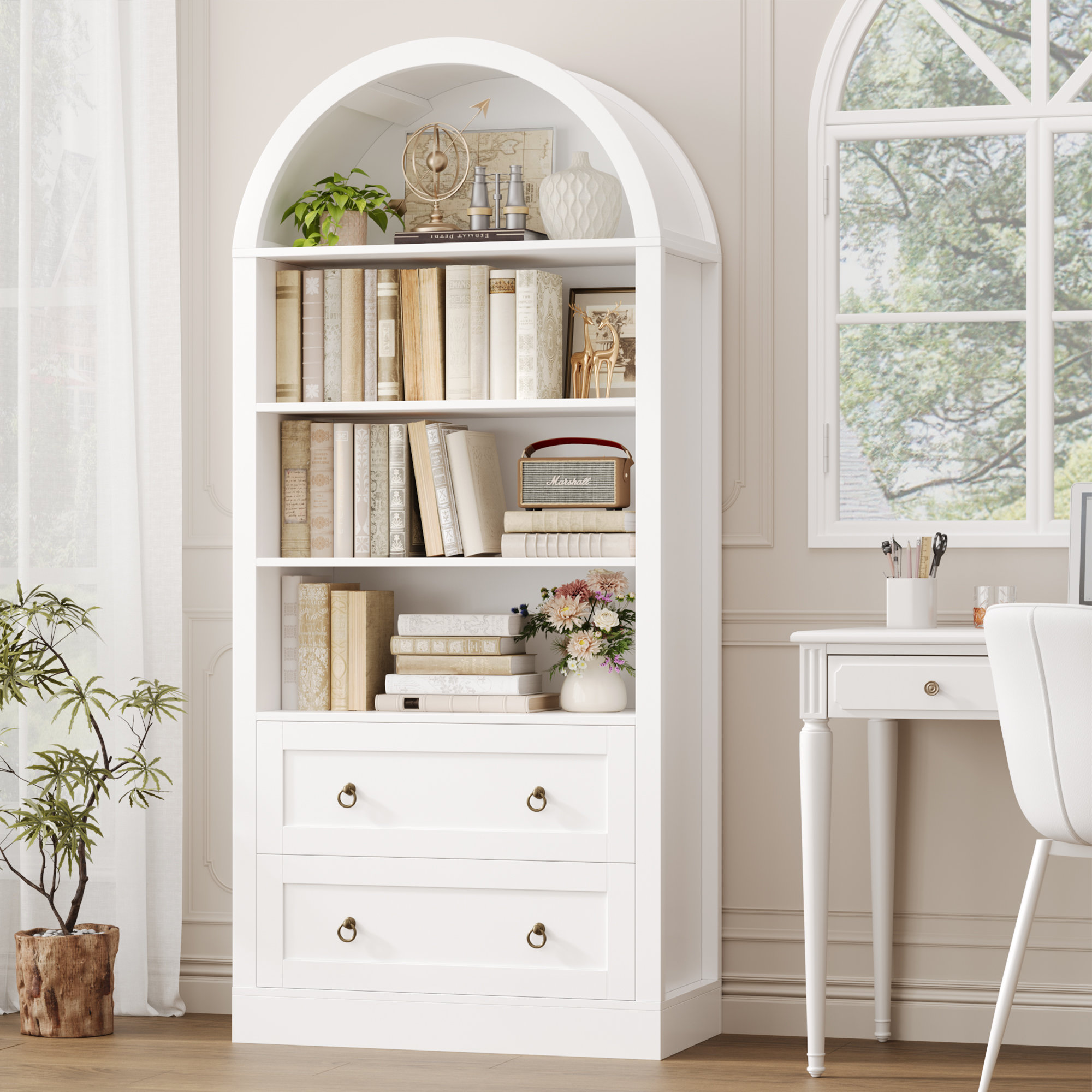 Ebern Designs 69.7"H Arched Bookcase With 2 Drawers & Reviews | Wayfair