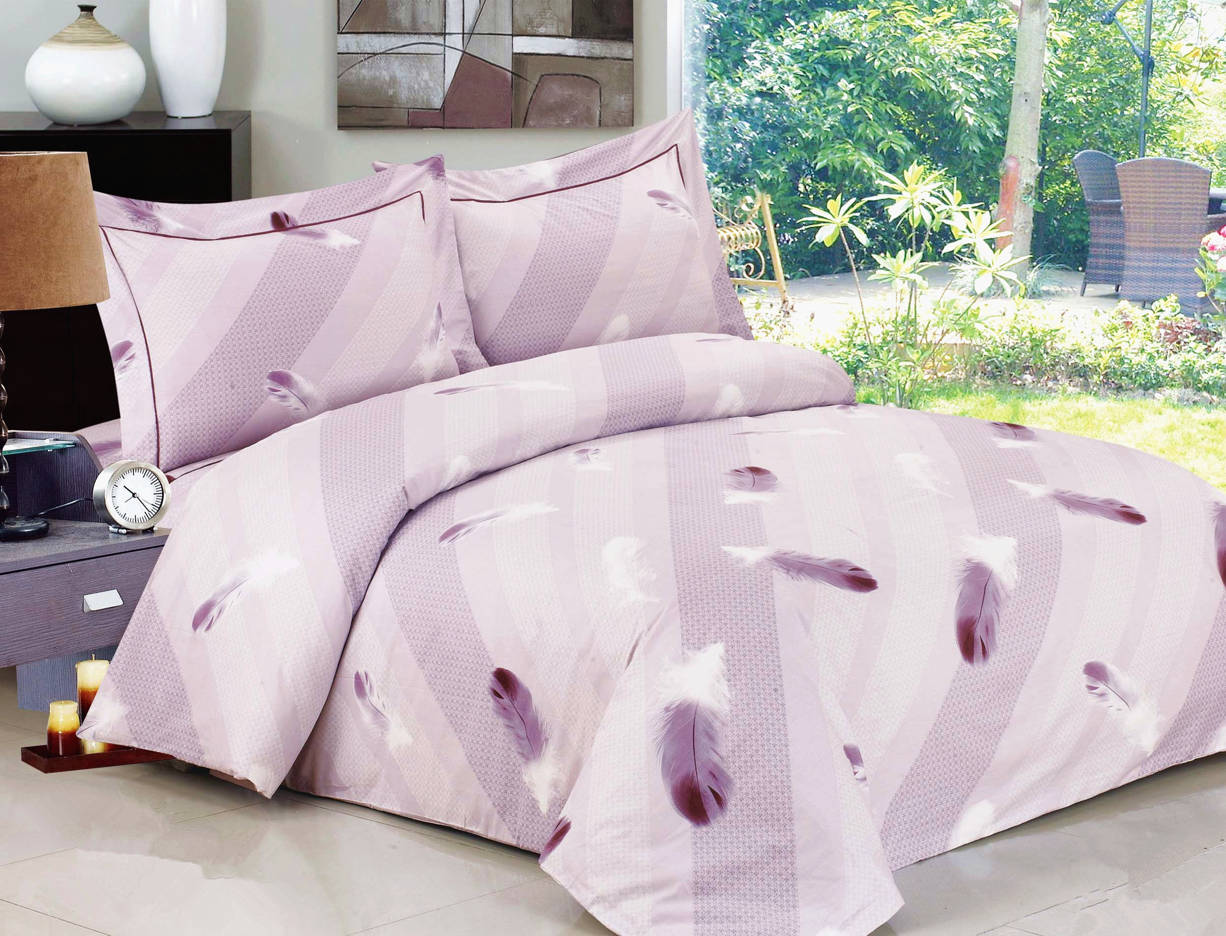Violet Linen French Feathers Pattern Reversible Duvet Cover Set | Wayfair