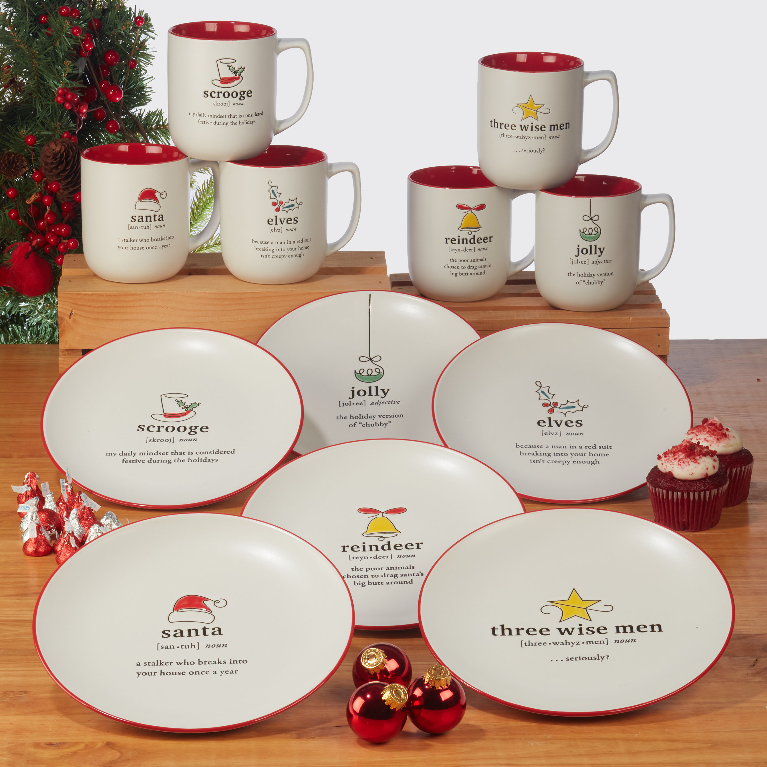 Certified International Christmas Fun Red Sayings Set of 6 Dessert ...