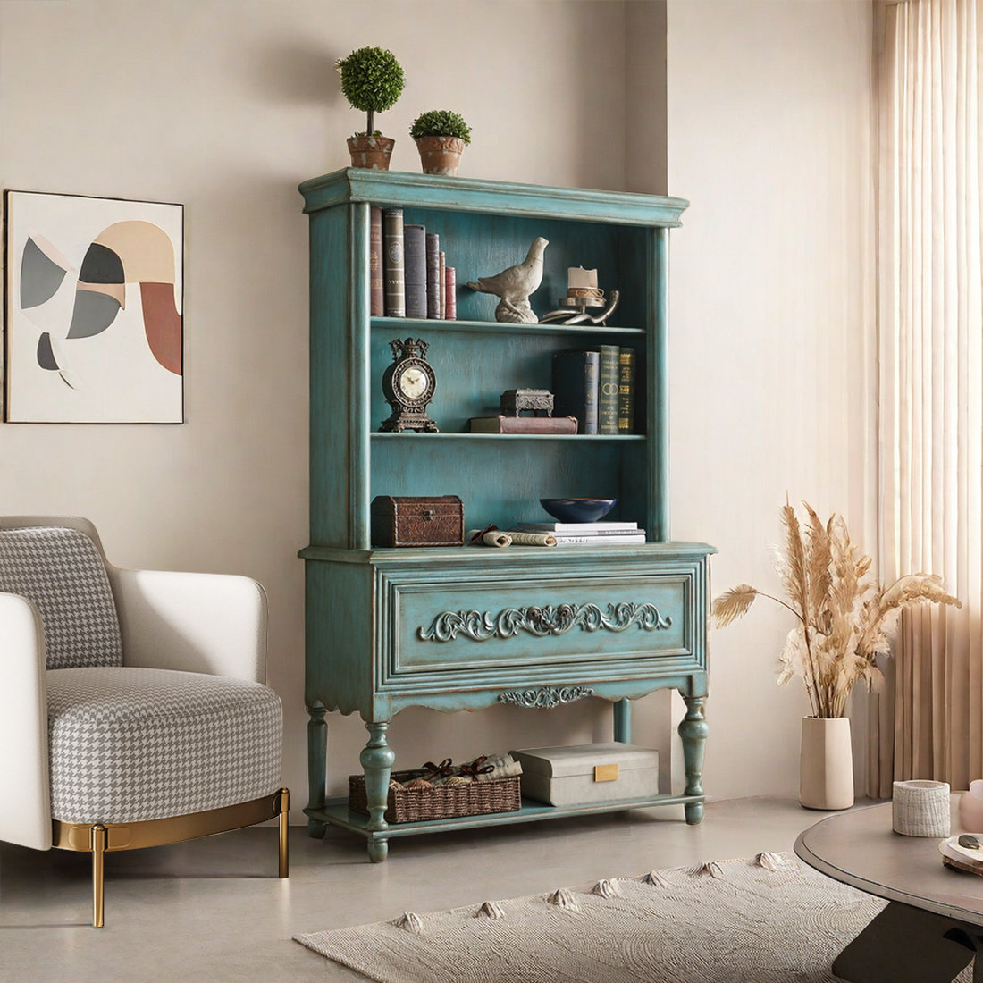 GINATOL Rural Retro Solid Wood Carved Blue Bookcase. Storage Bookcase ...