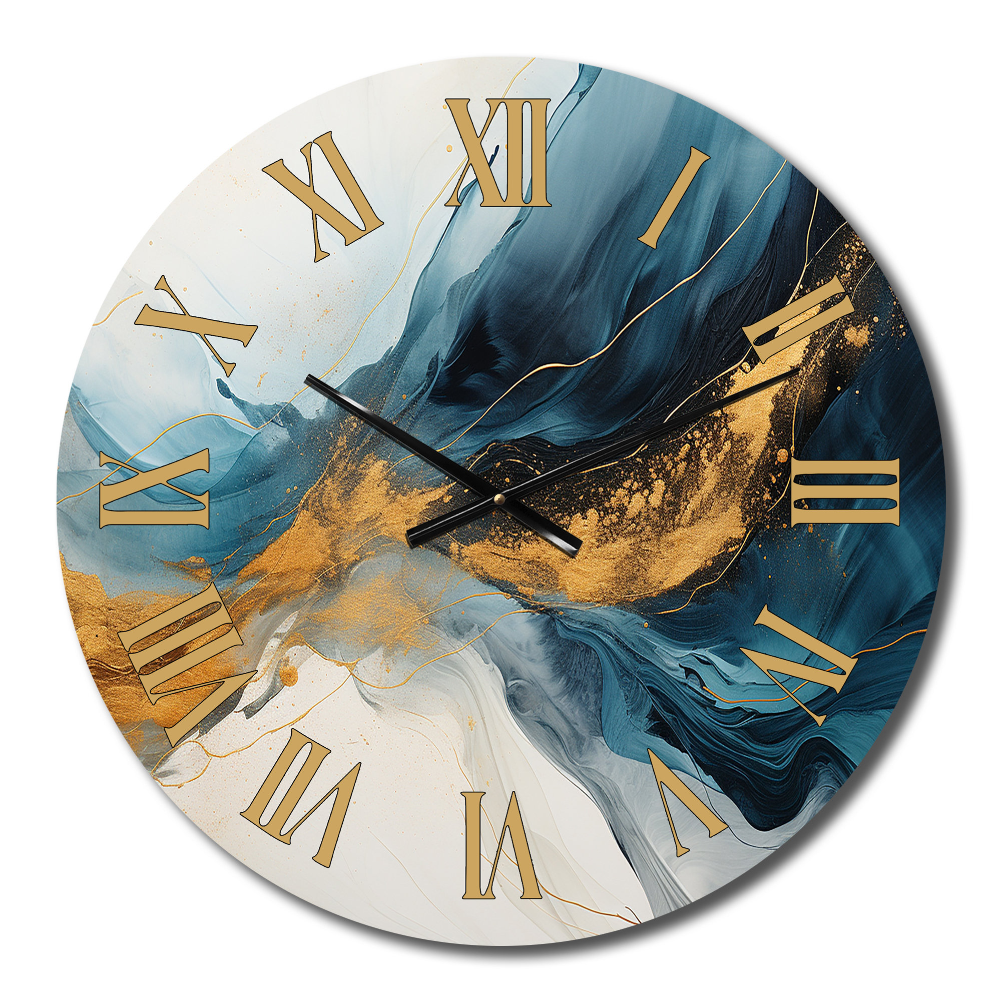 Design Art Subtle Sensations Nova Blue And Gold Watercolor Metal Wall Clock | Wayfair