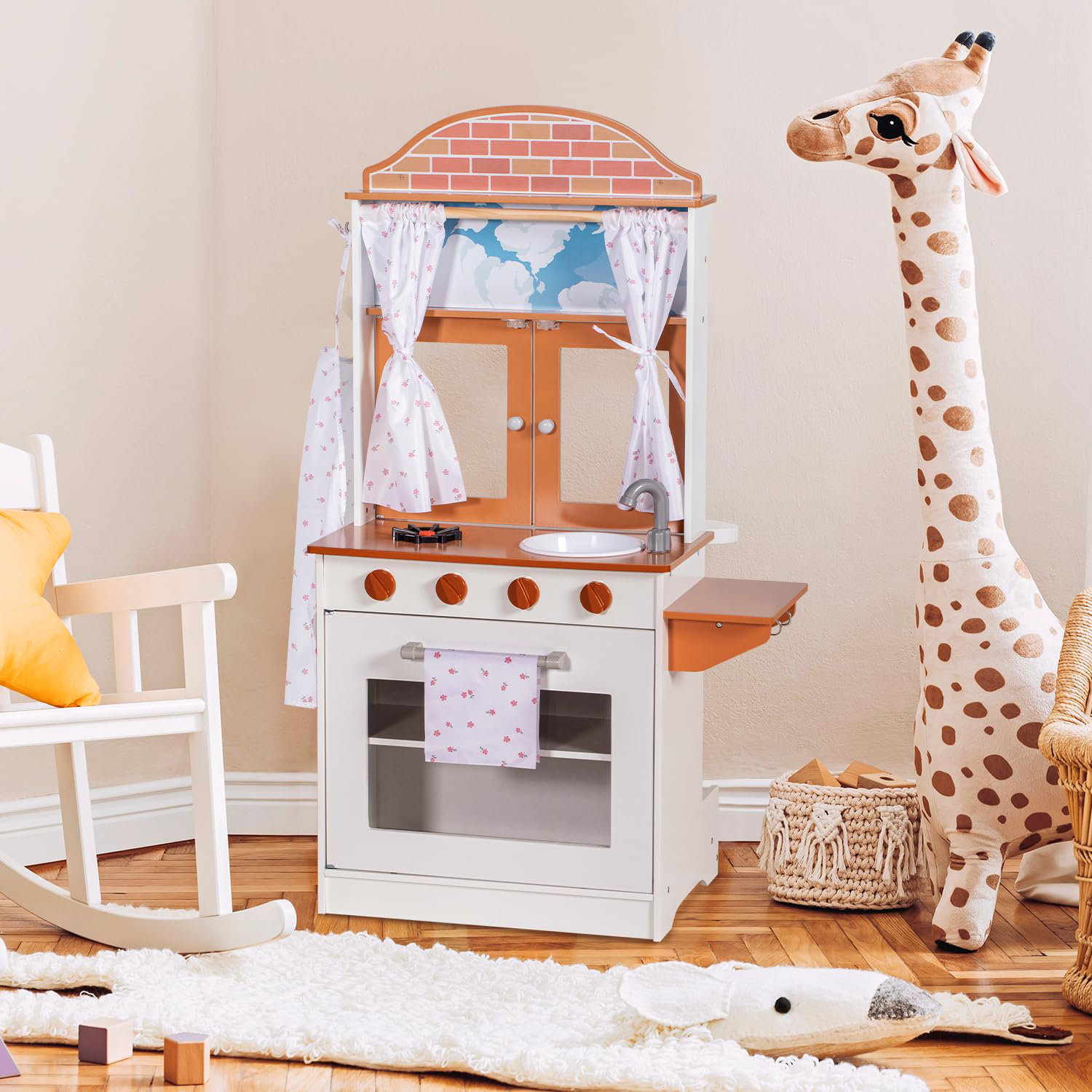 BRINJOY Preschool Kitchen Playset, Double-sided Wooden Farm Play ...