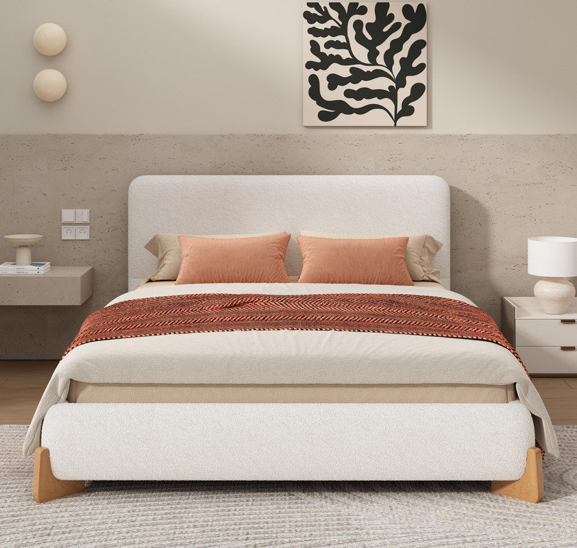 Latitude Run® Exquisite Elegance: A Queen-Size White Boucle Upholstered ...