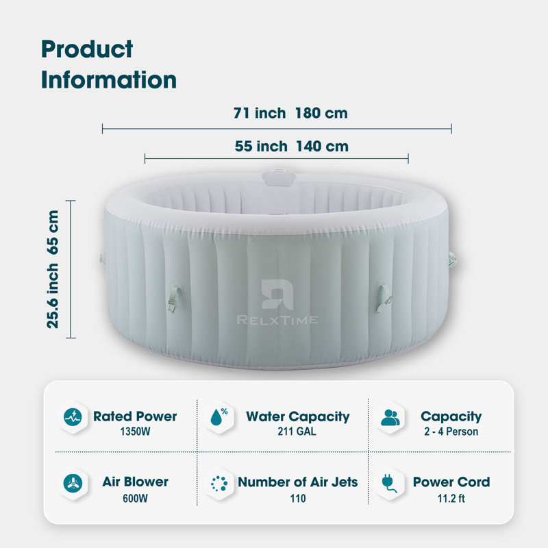 RELXTIME Inflatable Spa Blow Up Hot Tub 2 To 4 Person Round Portable ...
