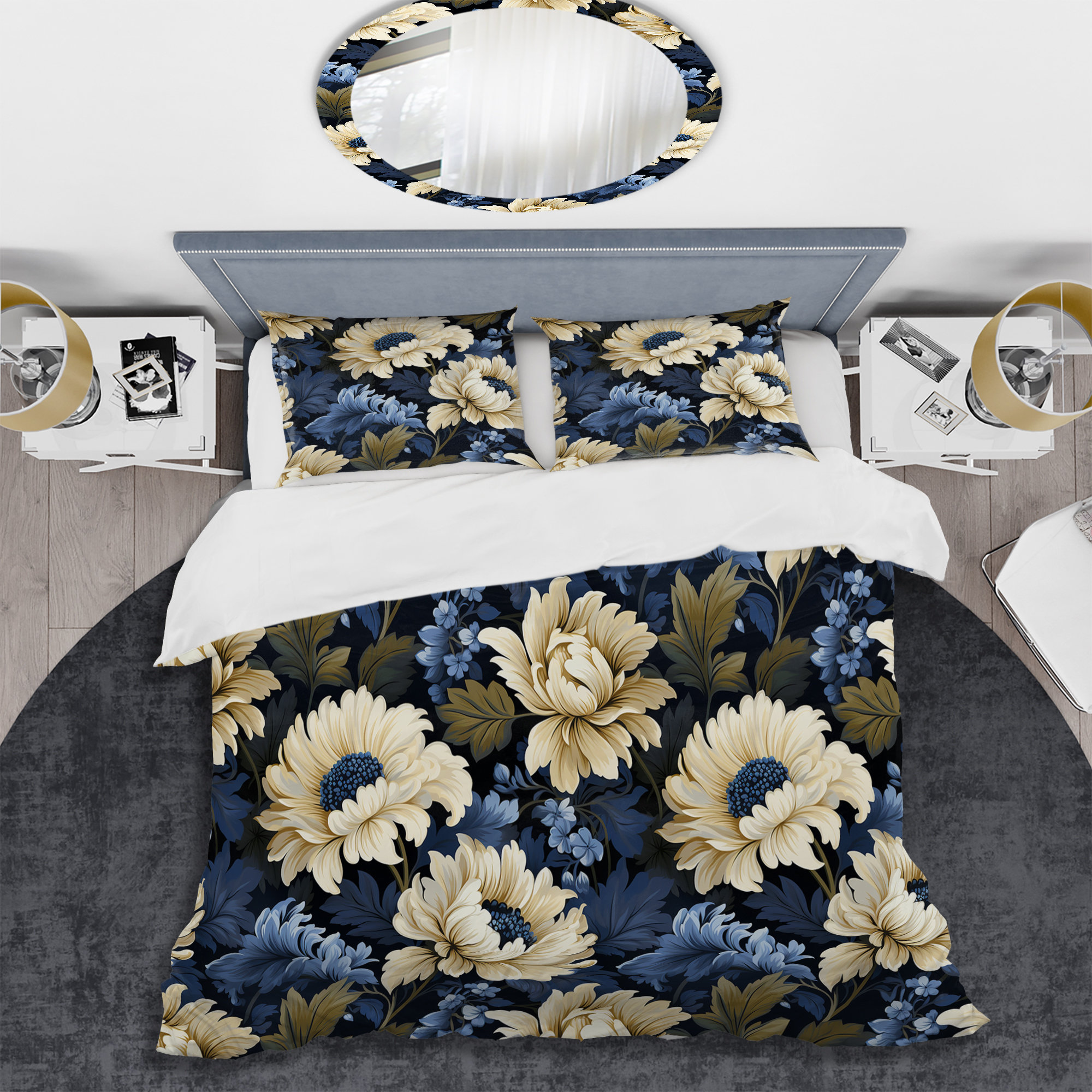 Design Art Beige And Blue Damask Flower Nostalgia Bedding | Wayfair