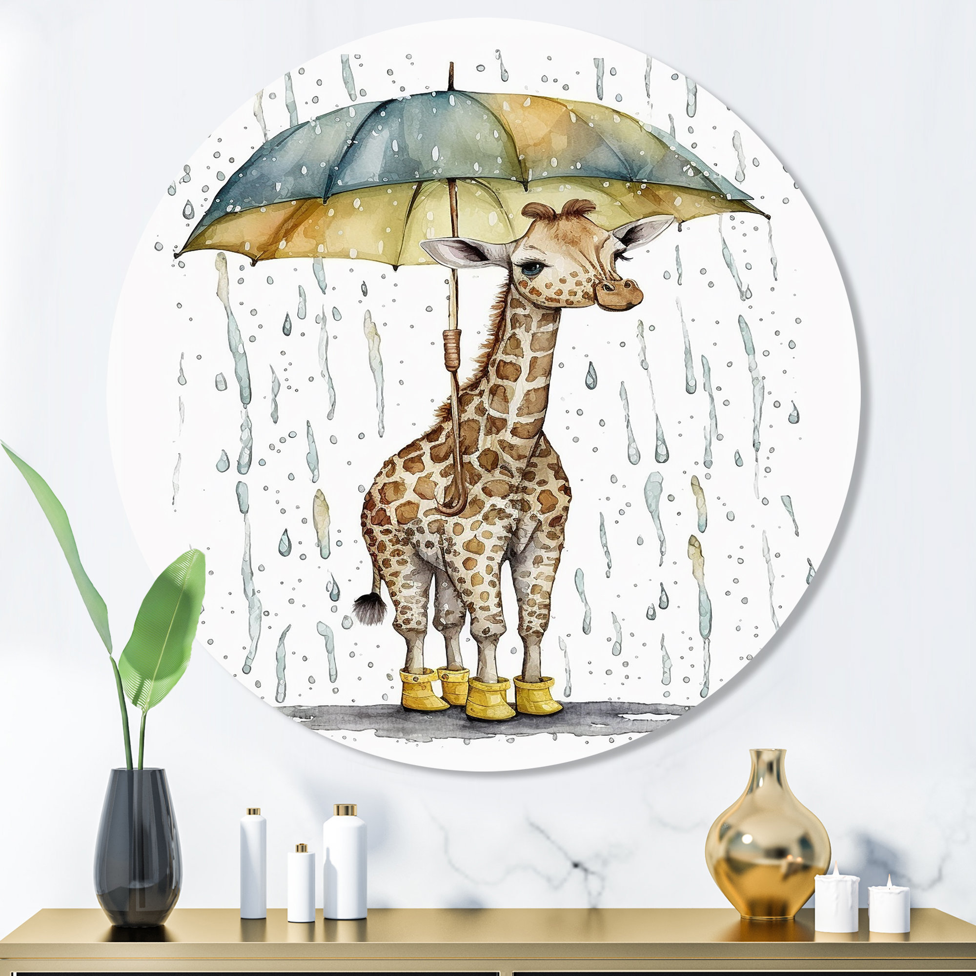 Trinx Edrie Cute Giraffel With Umbrella Rainy Day - Giraffe Round Metal ...