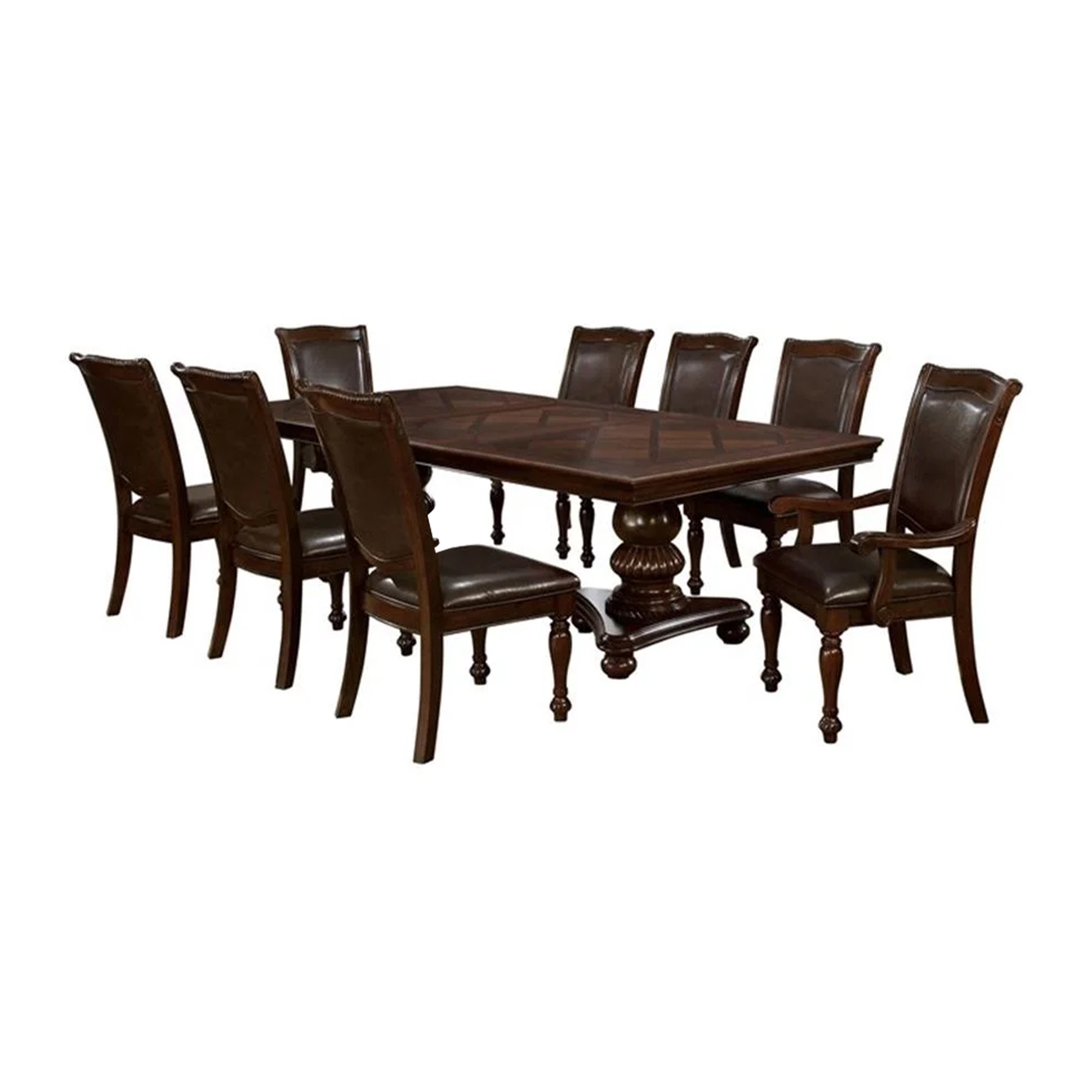 Benjara Ena Dining Table And Chair Set, Brown Faux Leather, Solid Wood | Wayfair