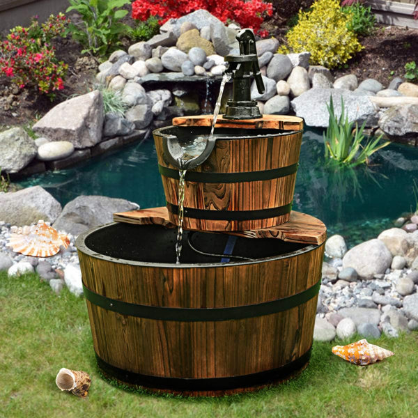 Gracie Oaks 2-Tier Barrel Waterfall Fountain, Rustic Wood Barrel ...