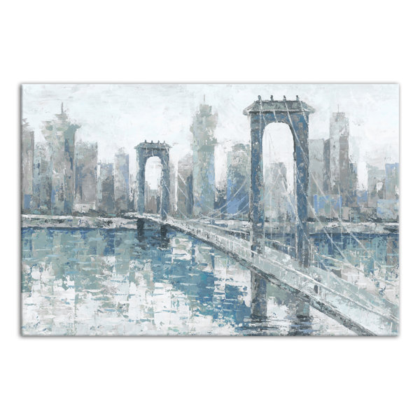 Williston Forge Soft Blue Bridge On Canvas Painting | Wayfair