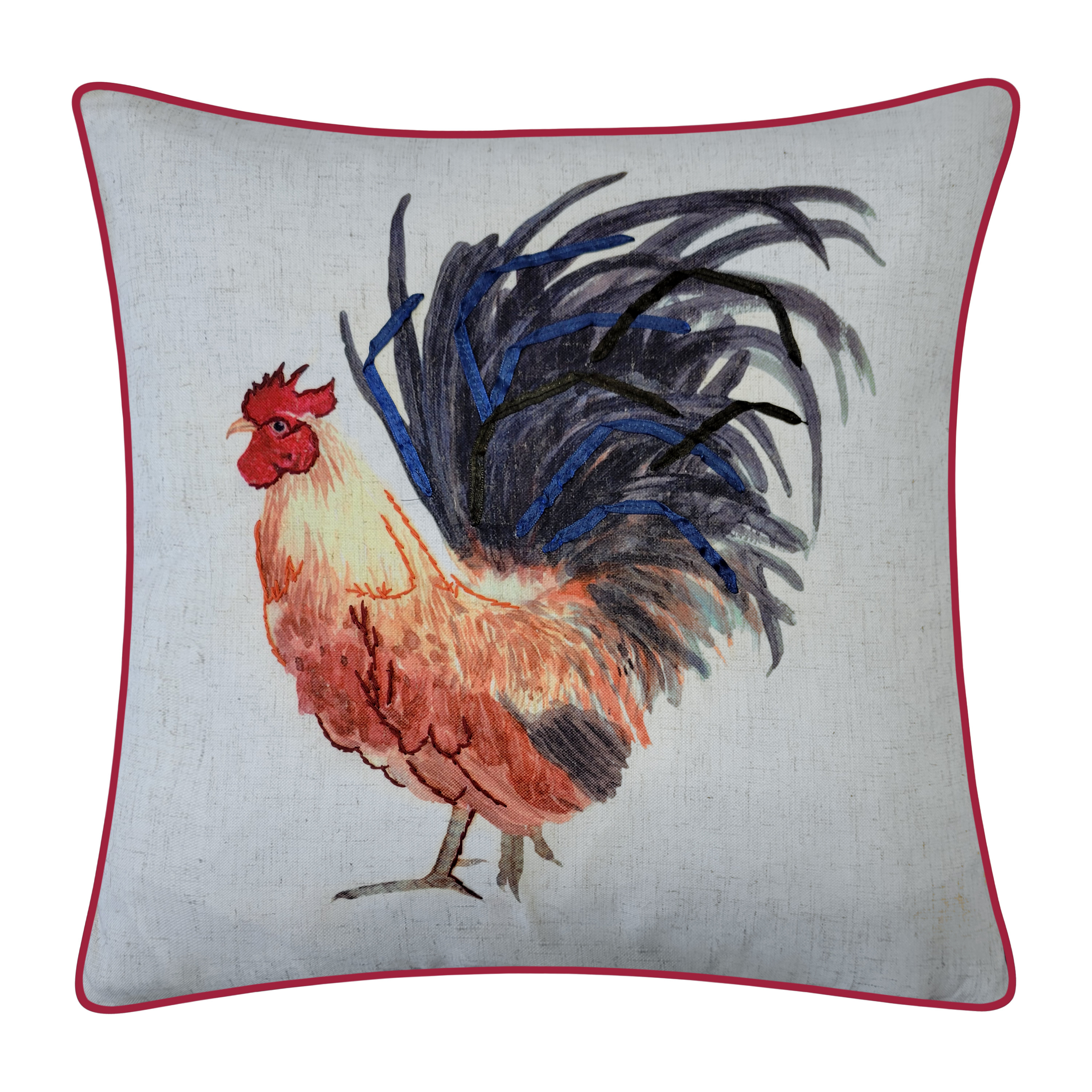 Edie@Home Watercolor Rooster Print With Ribbon Embroidery Decorative ...