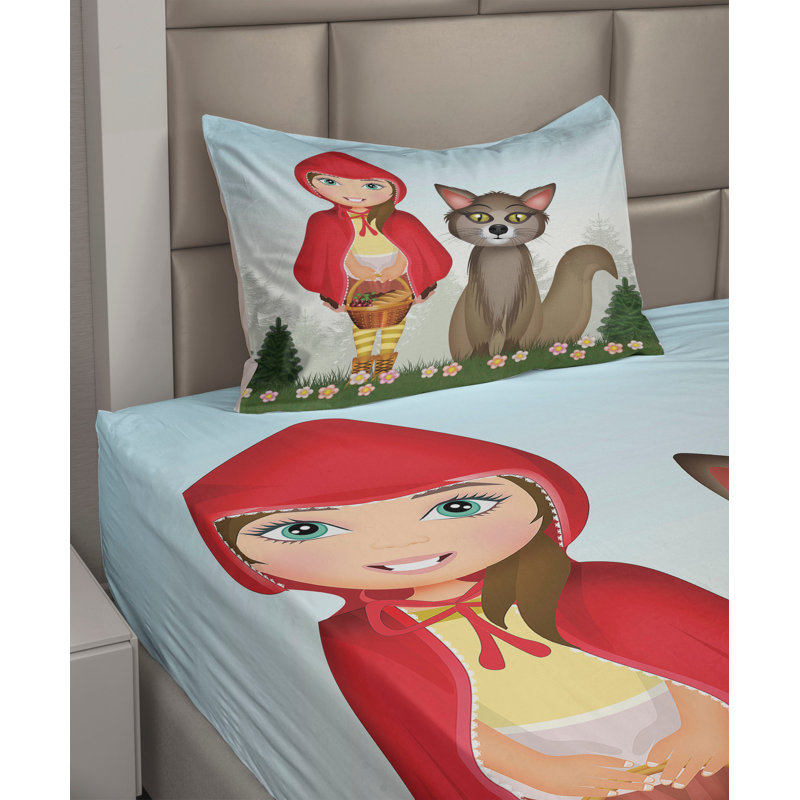 Ambesonne Wolf Sheet SetRed Riding Hood in Forest Art Dark Coral and ...