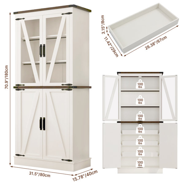 Gracie Oaks 71" Kitchen Pantry With Transparent Upper Doors, 3 Sliding ...
