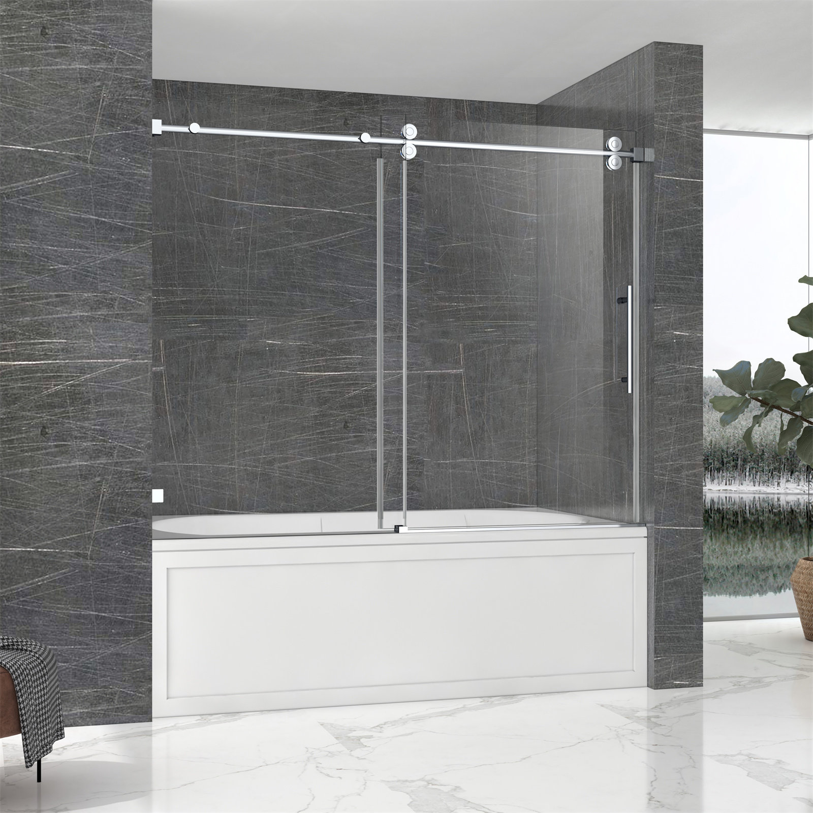 NORTHROOM 57" L x 60" W x 66" H Frameless Sliding Rectangle Shower Tub ...