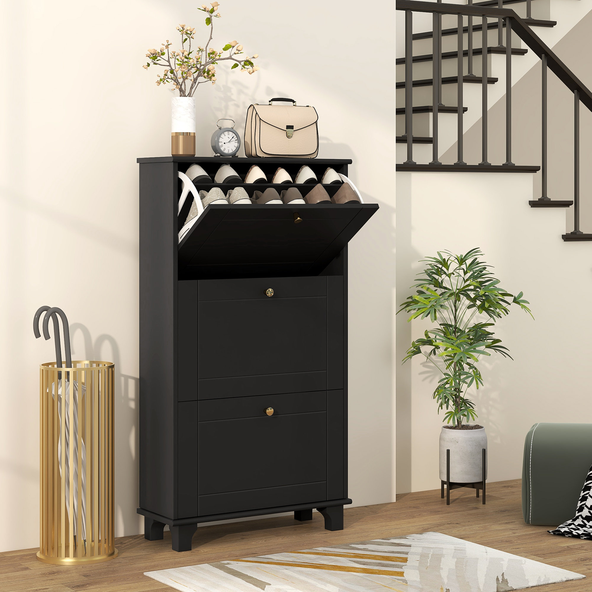 Lark Manor Modern Shoe Cabinet with 3 Flip Drawers for 12 Pairs of ...