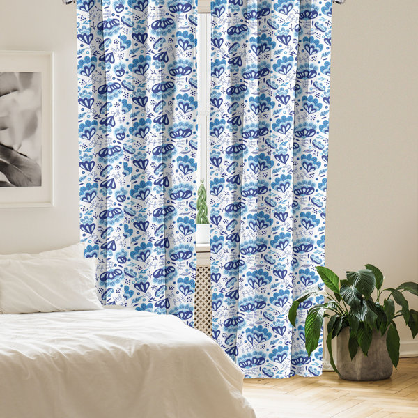 Ambesonne Spring 4-Panel Curtains, Blue Toned Folk Flower Buds, Blue ...