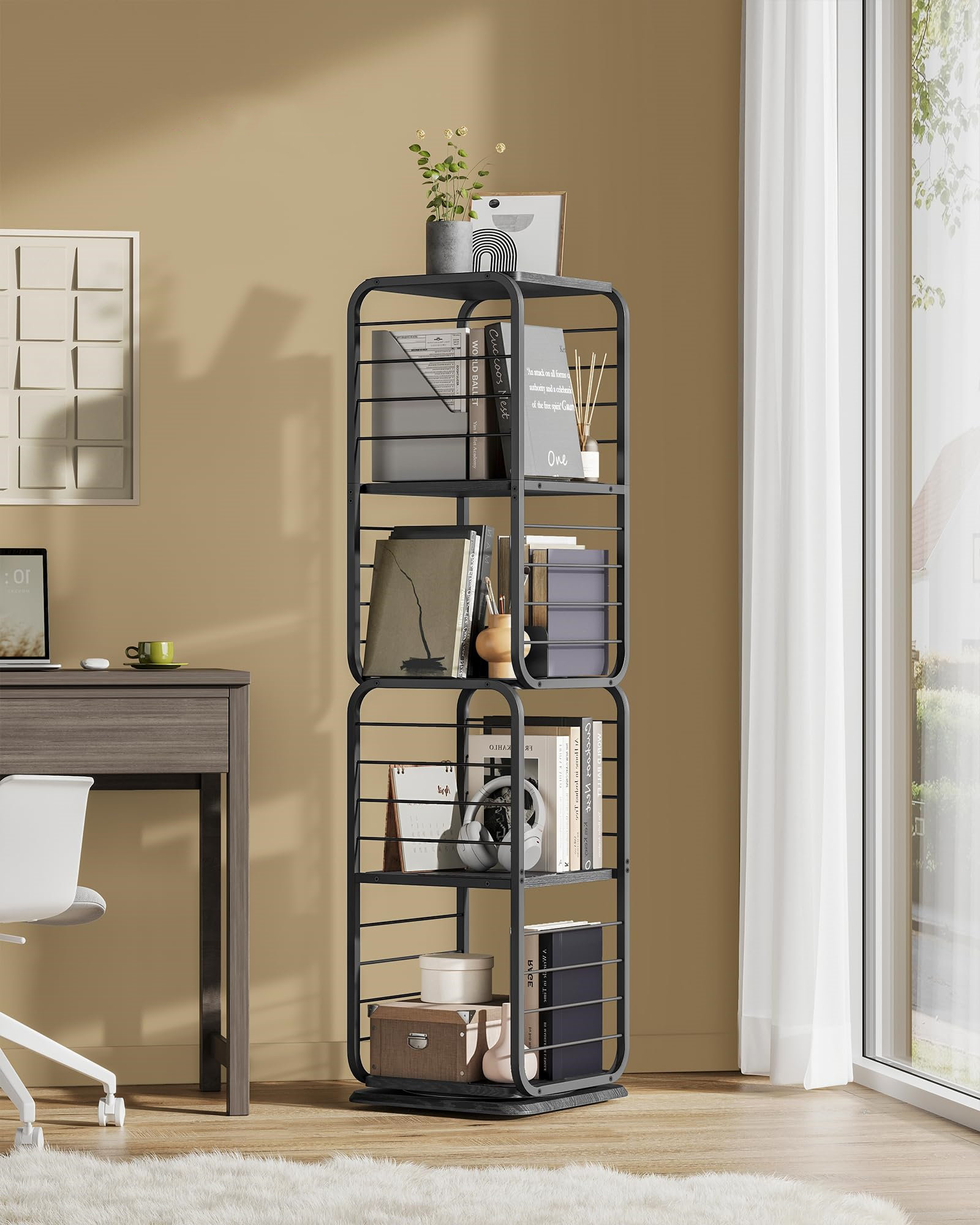 Hokku Designs 4-Tier Rotating Bookshelf, Bookcase With Bookends For ...