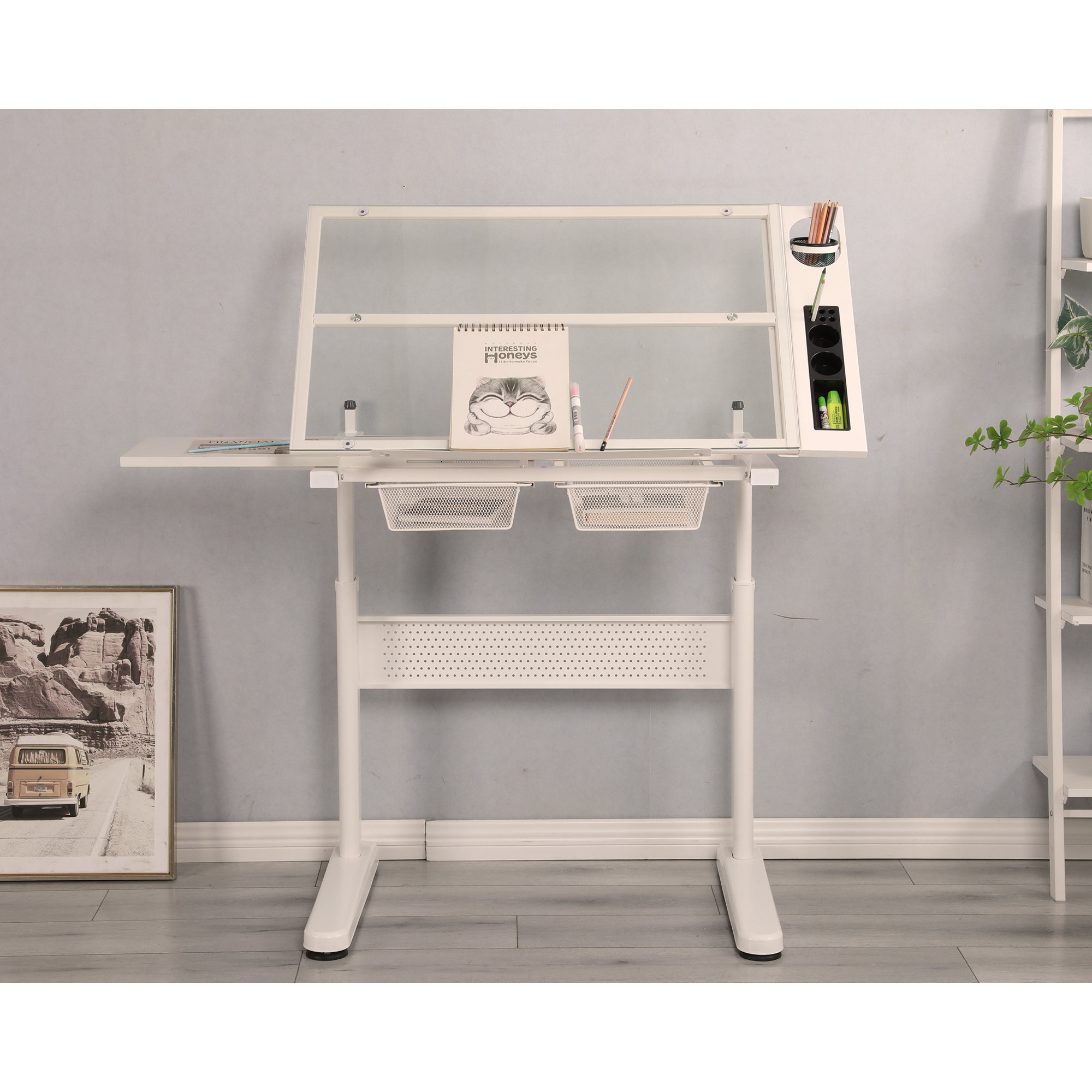 Inbox Zero hand crank adjustable drafting table drawing desk with 2 ...