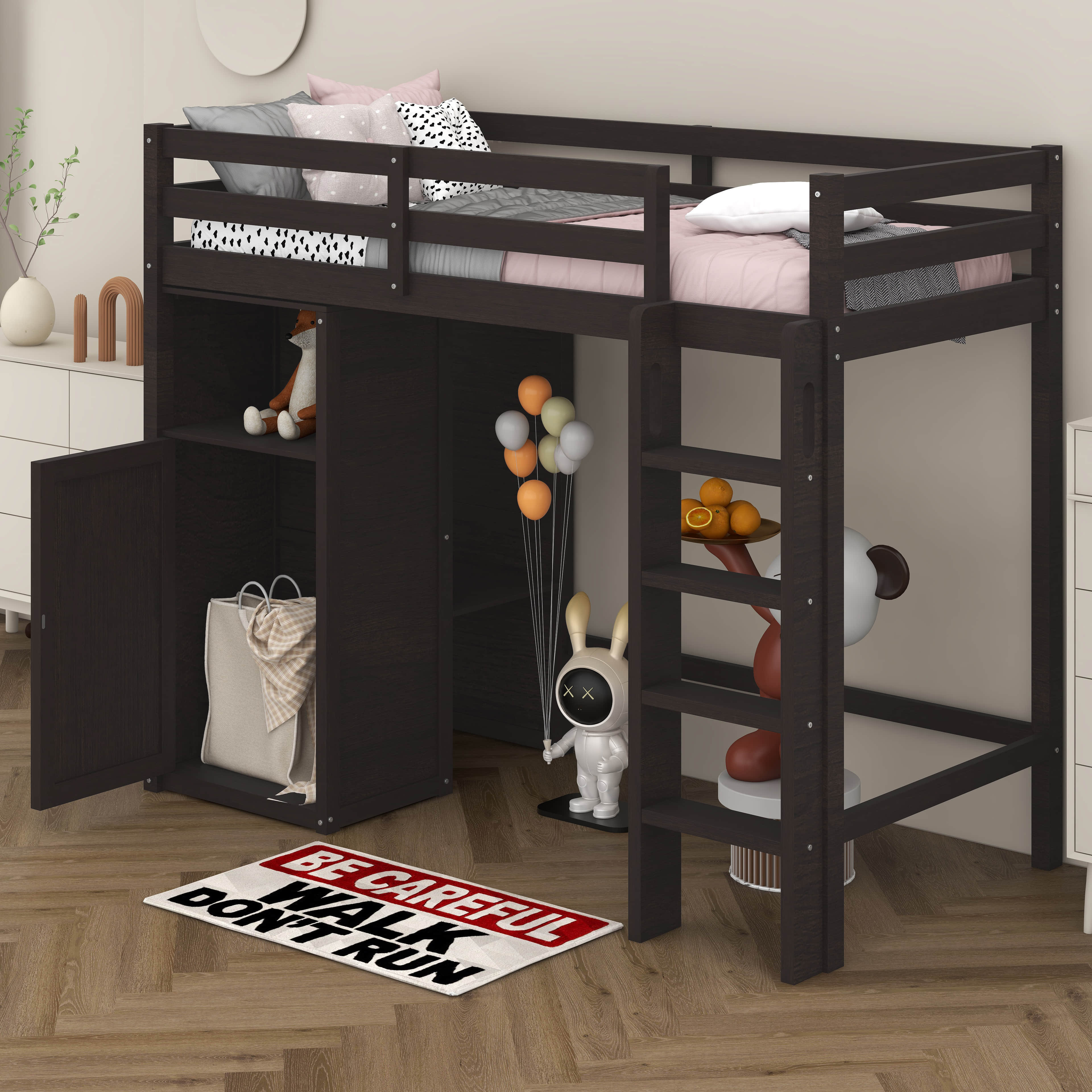 Harriet Bee Twin Size Loft Bed With Wardrobe And Storage Shelves ...