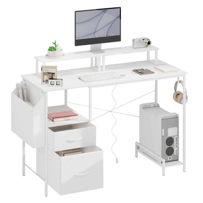 Inbox Zero 47 inch White Computer Desk with Storage Drawers, Study Desk ...