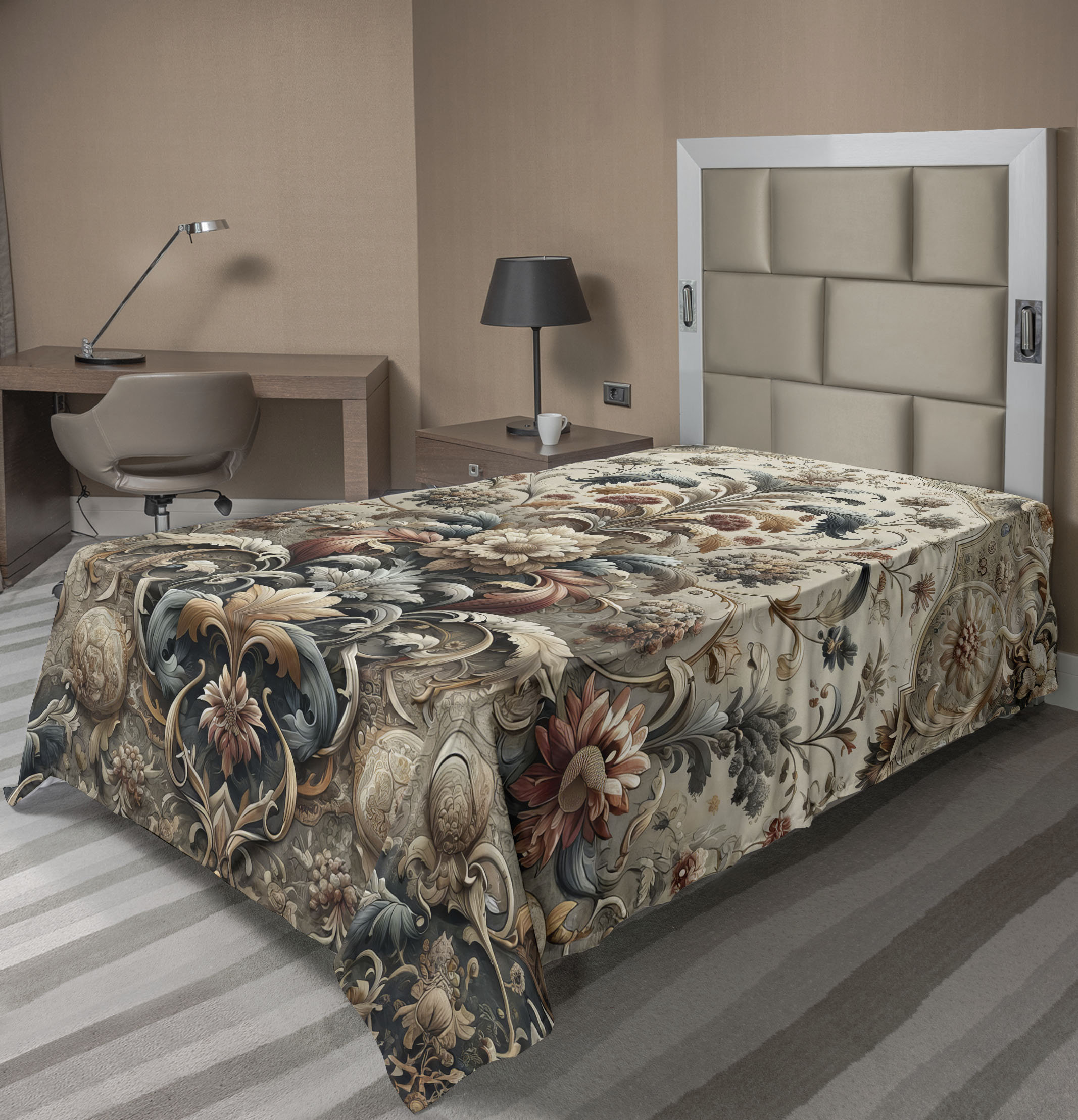 Ambesonne Rococo Top Flat Sheet Palatial Flowers Posh Ethnic Tan Dark ...