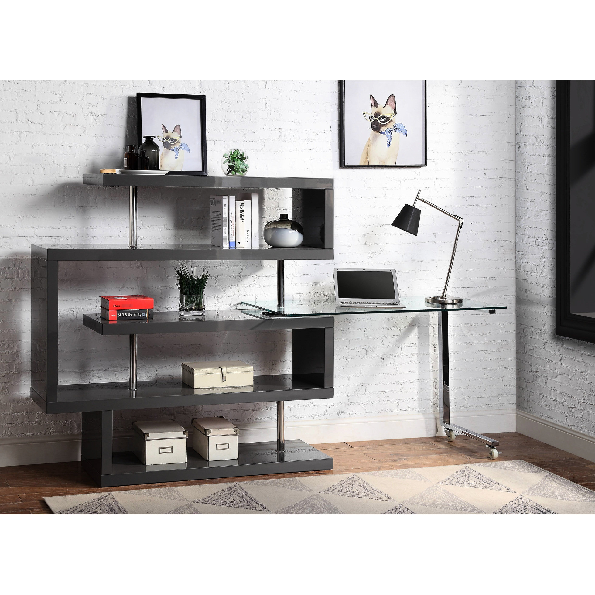Ebern Designs Stylish Writing Desk Featuring Clear Glass, Finish & 4 ...