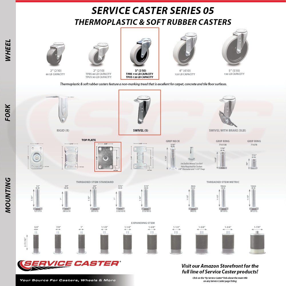 Service Caster 3 Inch Thermoplastic Wheel Top Plate Caster Set with 2 ...