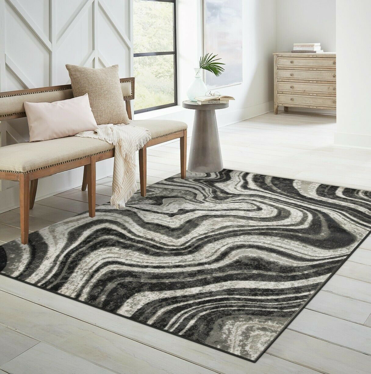 Wade Logan Atiyana Abstract Wool Gray/Black Indoor / Outdoor Area Rug ...