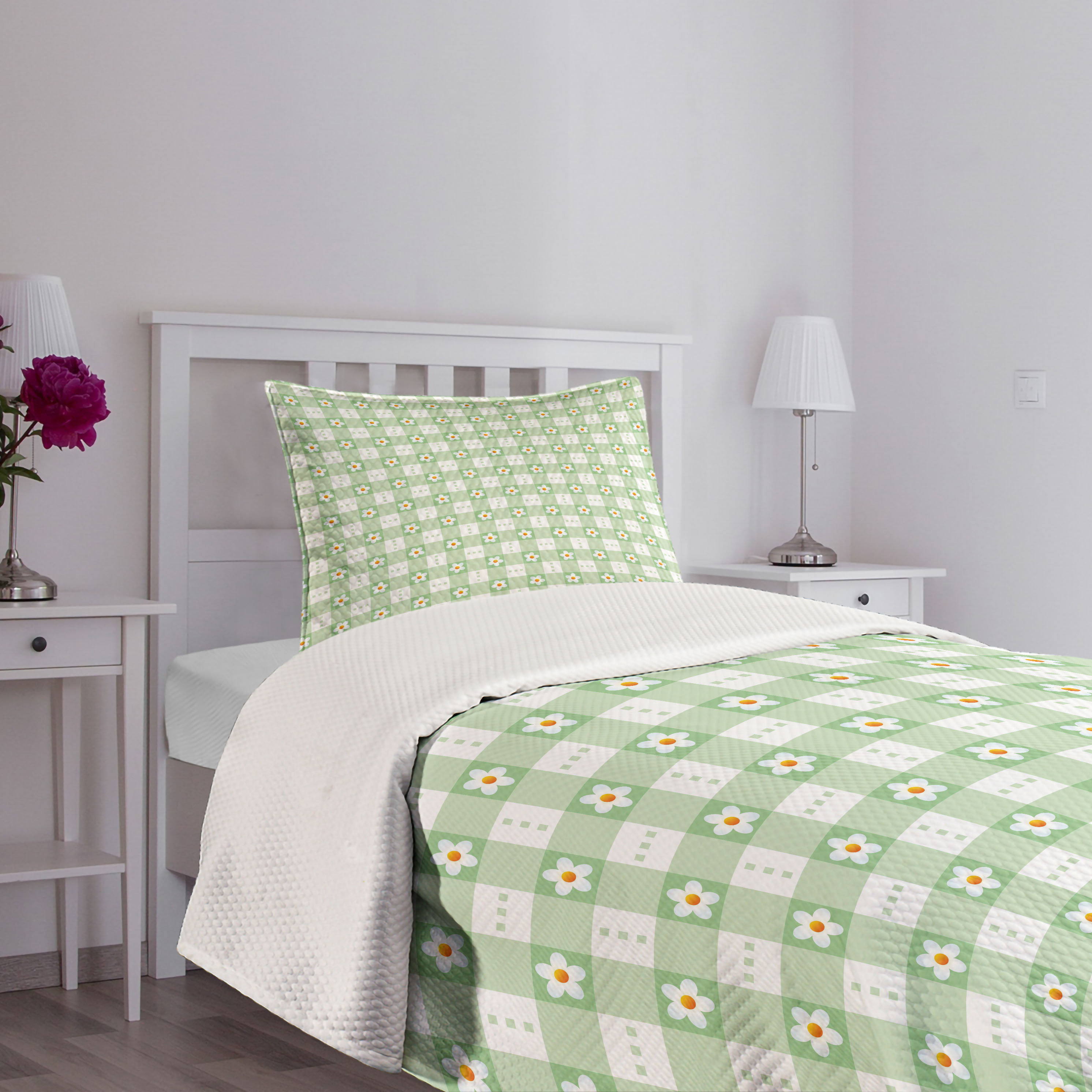 Ambesonne Spring Bedspread Set Daisy Flower Plaid Print Mint Green ...