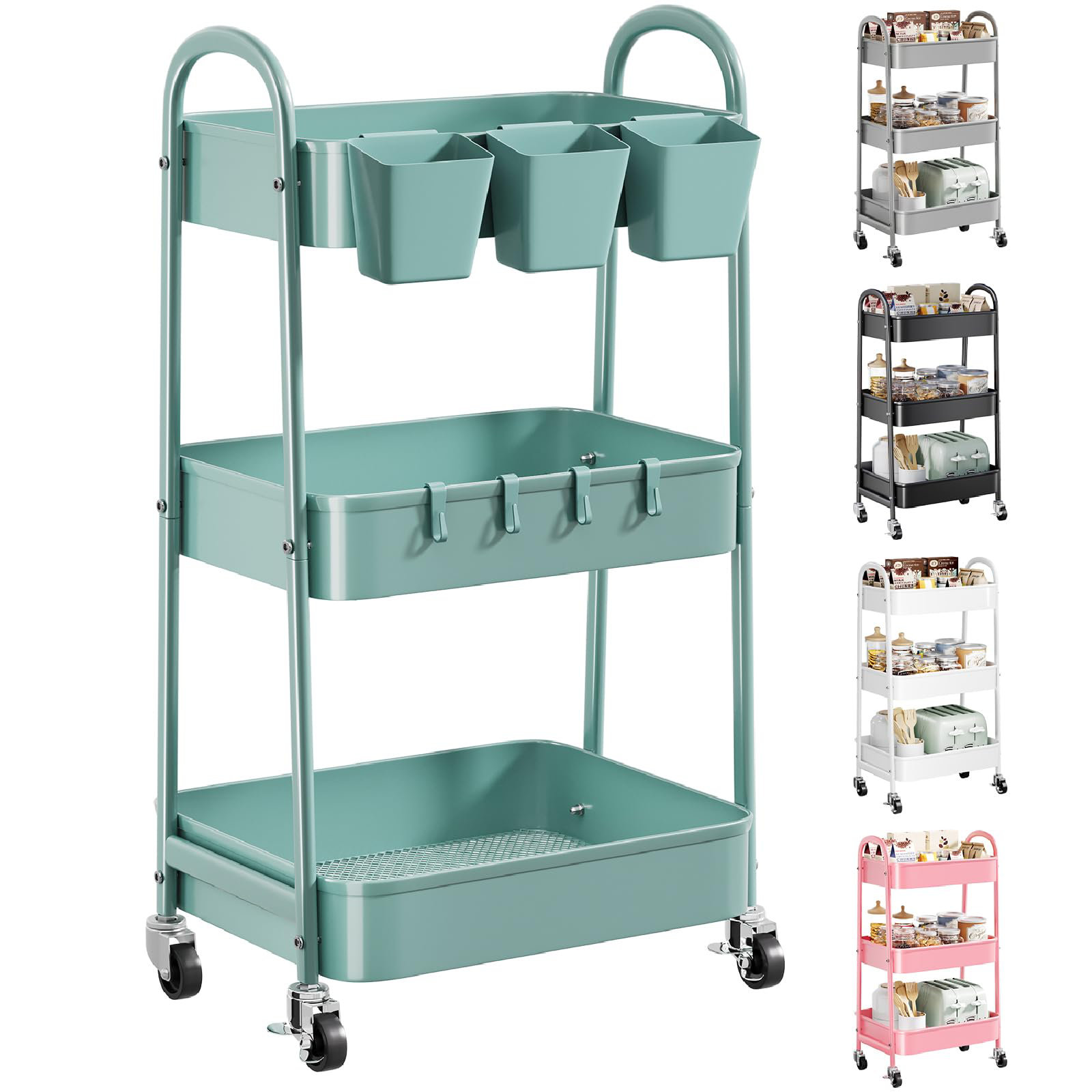 Rebrilliant 3 Tier Green Metal Rolling Cart With Lockable Wheels And ...