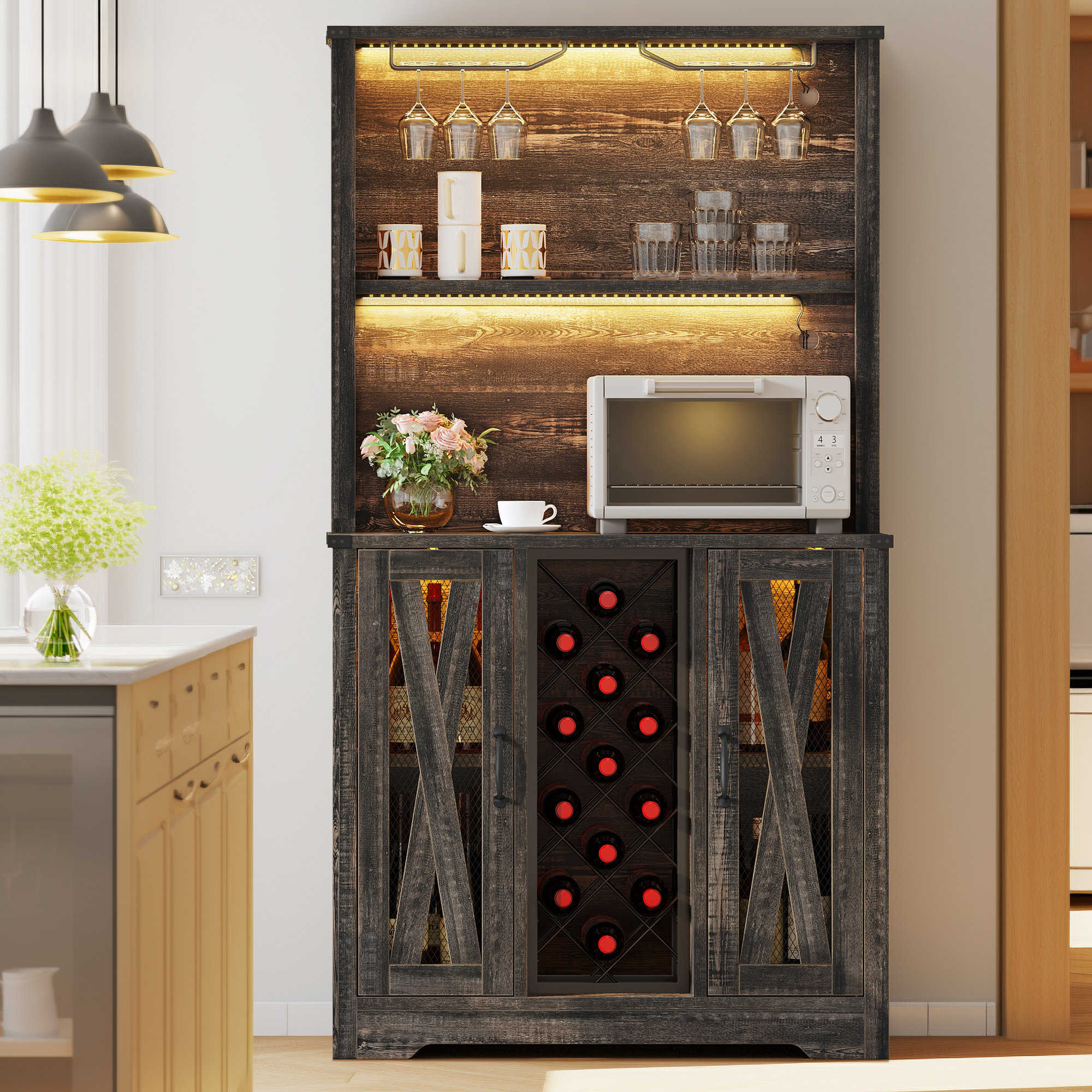 Wade Logan® Burkell 65" Tall Wine Bar Cabinet with LED Lights, Liquor ...