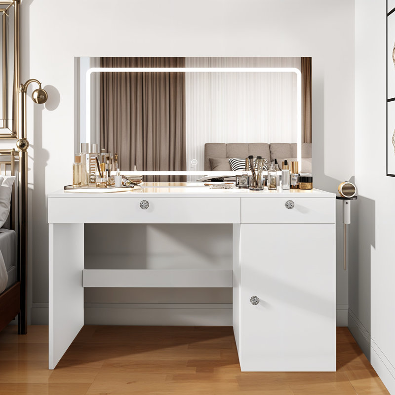 Ebern Designs Modern Vanity Desk with LED Mirror, Power Outlets, and ...