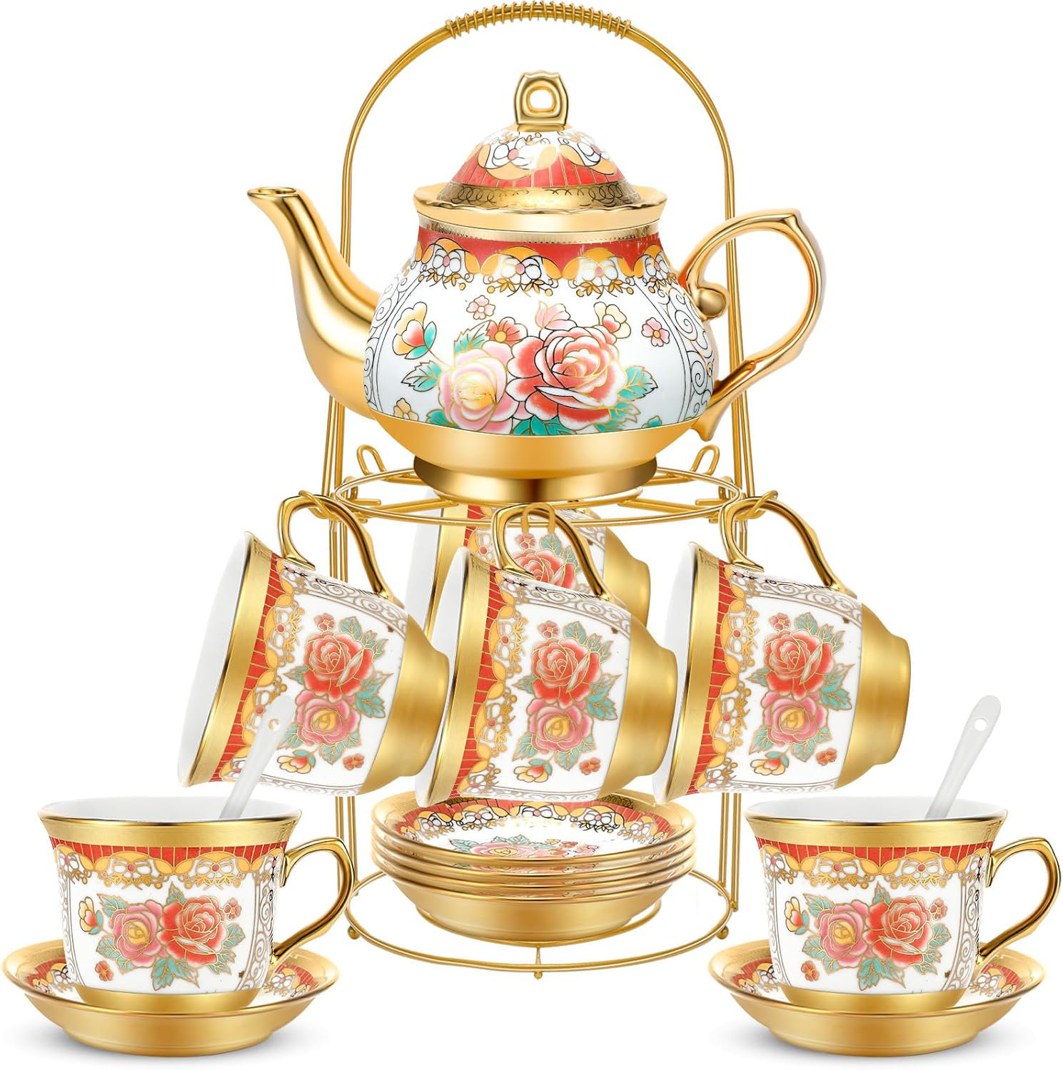 House of Hampton 20 Pieces Vintage Flower Porcelain Tea Set,With Metal ...