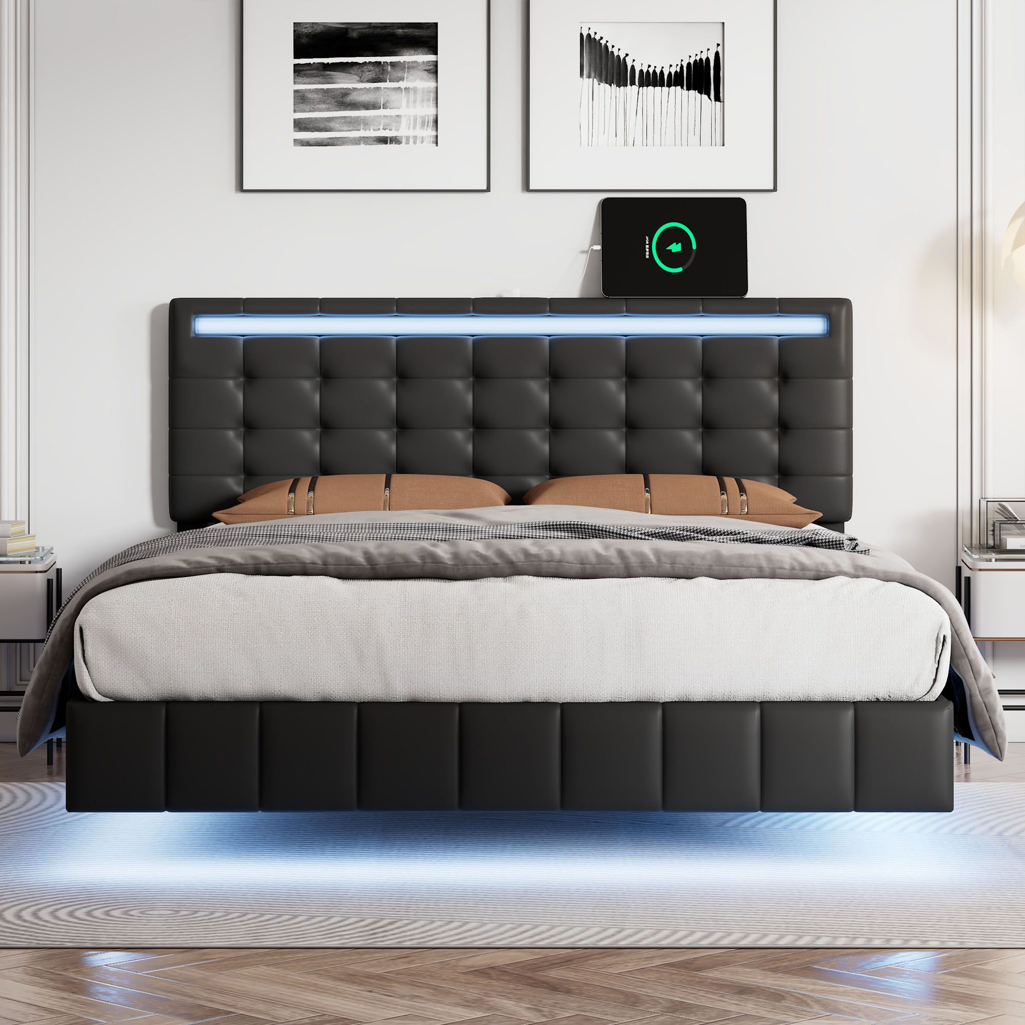 Ivy Bronx Full Size Floating Bed Frame with LED Lights and USB Charging ...