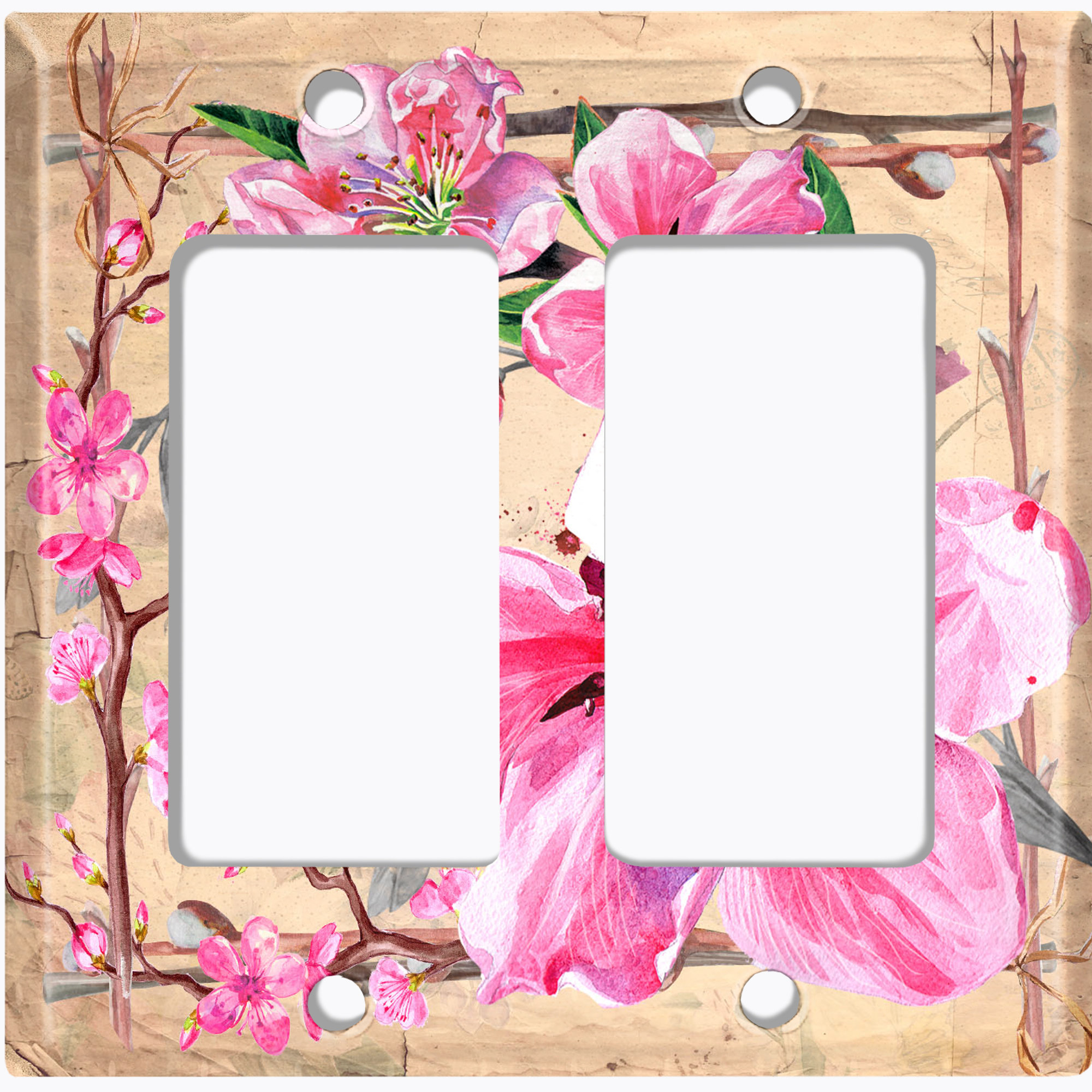 WorldAcc Vintage Pink Flower Branch Beige 2-Gang Rocker Wall Plate ...