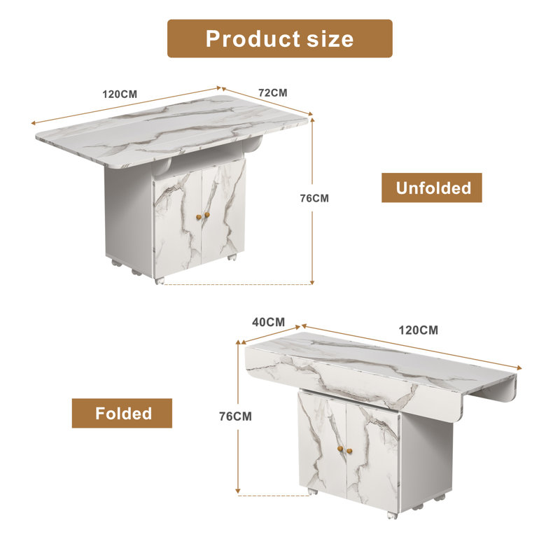 QZV Space-saving 47" White Marble Folding Dining Table With Storage And ...