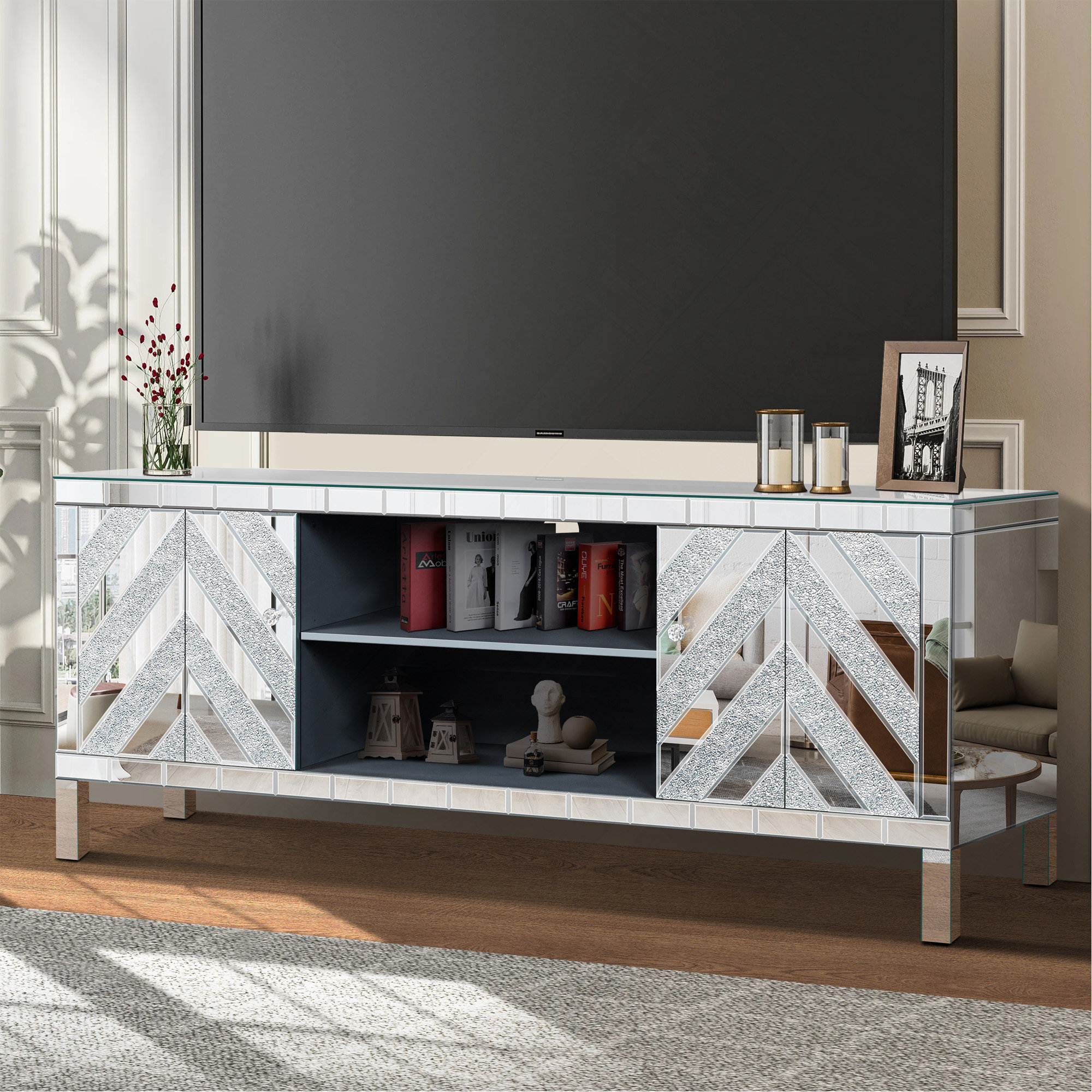 Latitude Run® Luxurious Mirrored TV Stand With Abundant Storage For ...