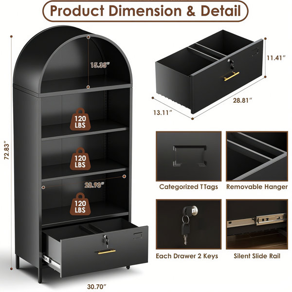 Latitude Run® 73" Arched Bookcase Filing Cabinet Combo - 5-Tier Display ...