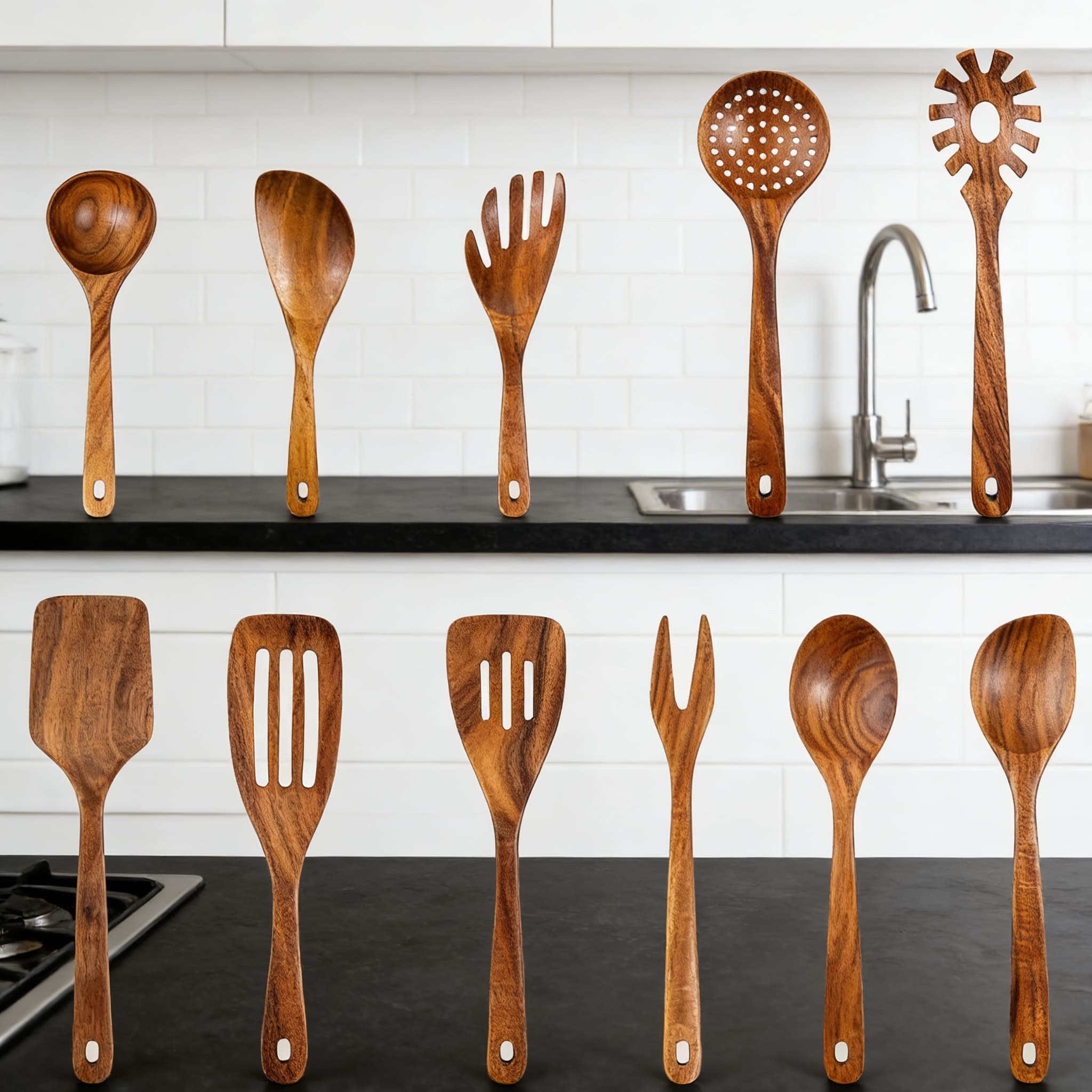 QIANXING 11-Piece Natural Teak Wooden Utensil Set For Cooking | Non ...