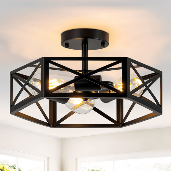 17 Stories 3-Light Dimmable Black Cage Semi Flush Mount Ceiling Light ...
