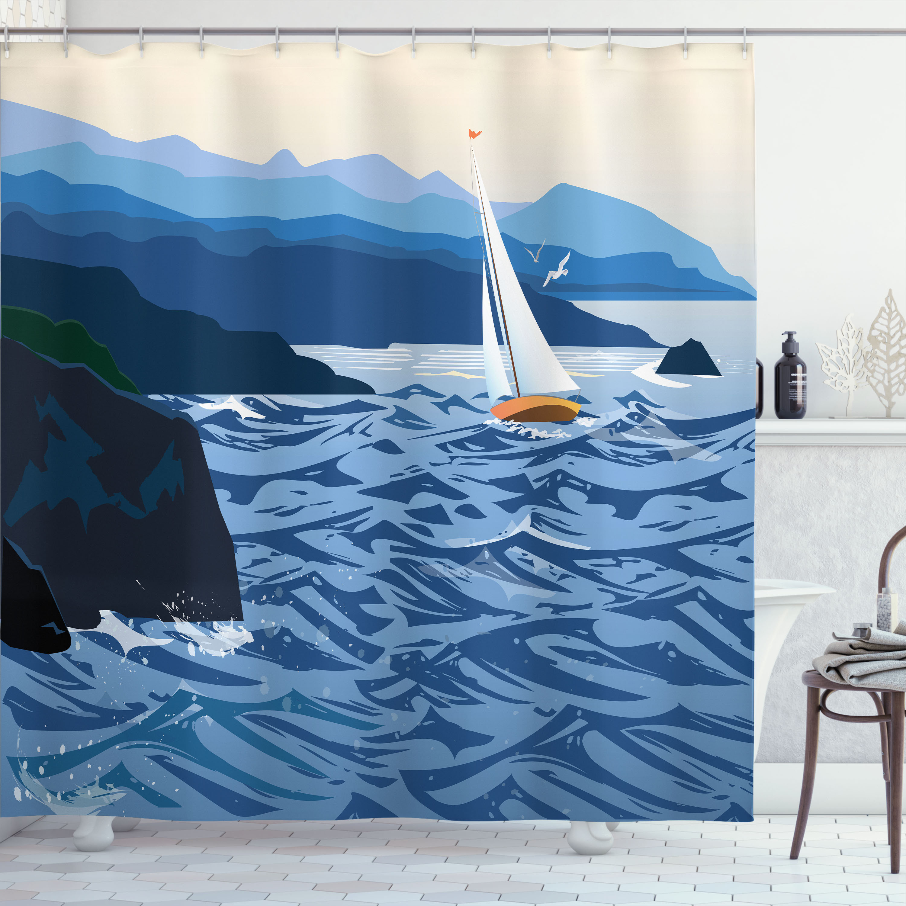East Urban Home Adventure Shower Curtain Sailboat on Water Outdoor ...