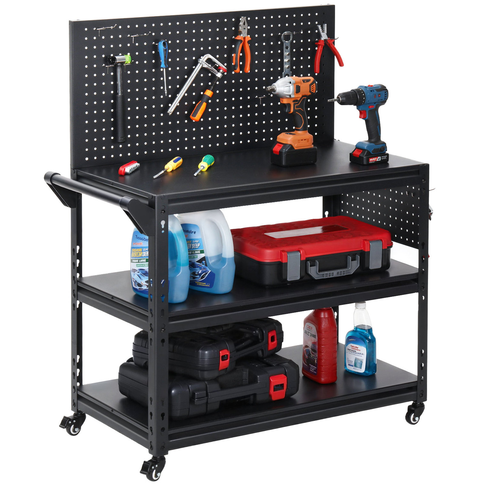 17 Stories Workbench with Dual Pegboards 3-Tier Adjustable Rolling Work ...